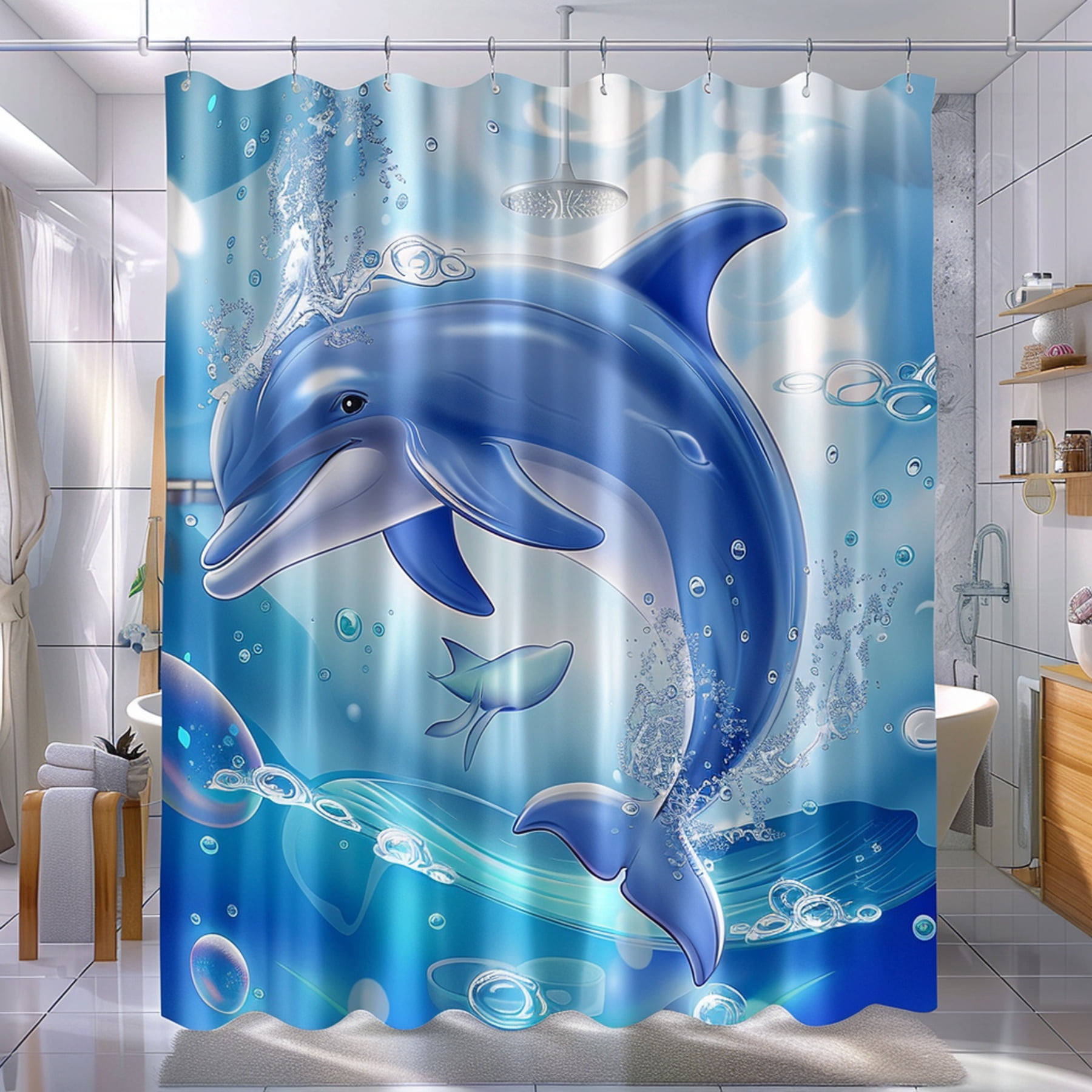 Blue Dolphin Cartoon Shower Curtain with Detailed Scales and Baby ...