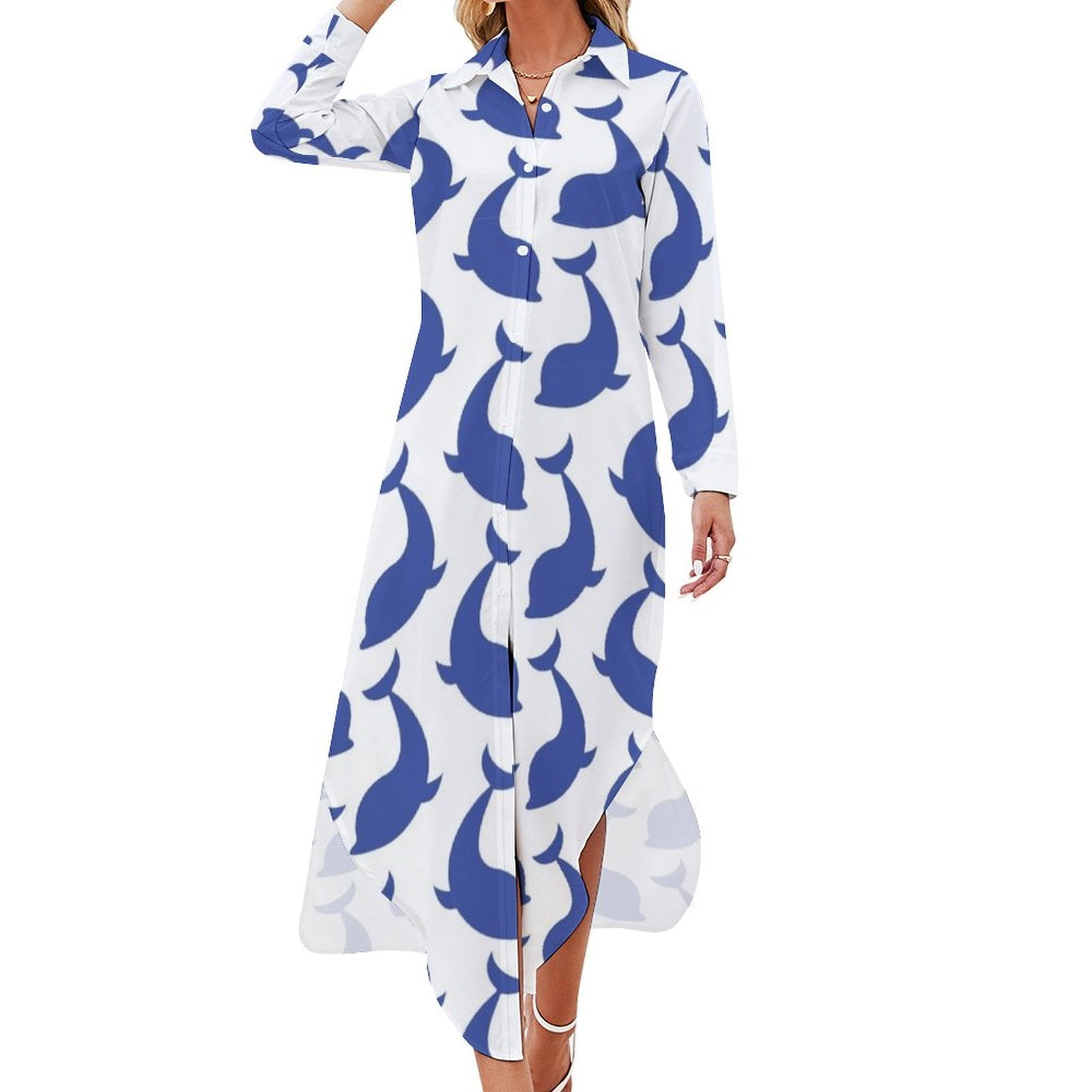 Blue Dolphin Pattern Long Sleeved Shirt Dress women clothing new ...