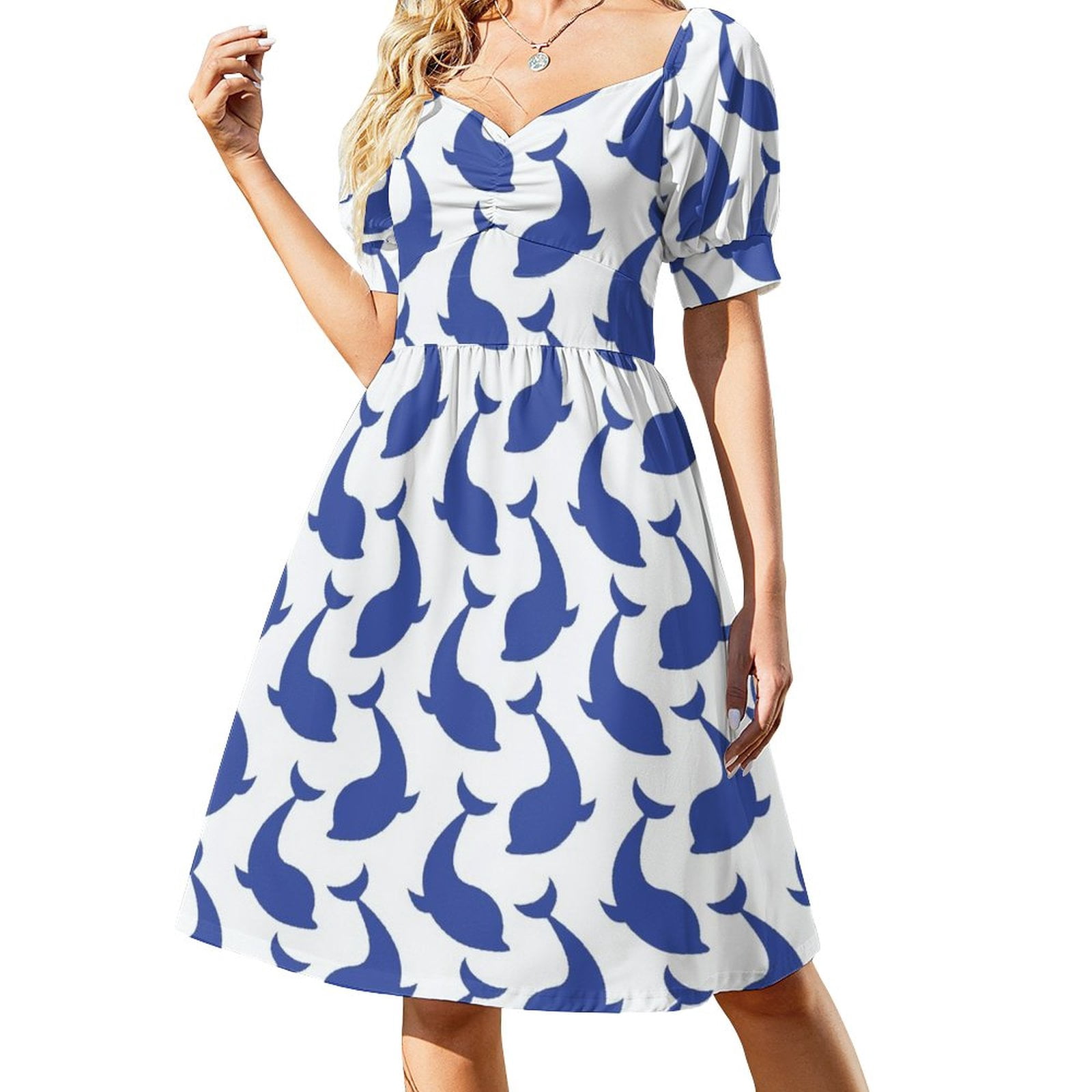Blue Dolphin Pattern Sleeveless Dress chic and elegant woman dress ...