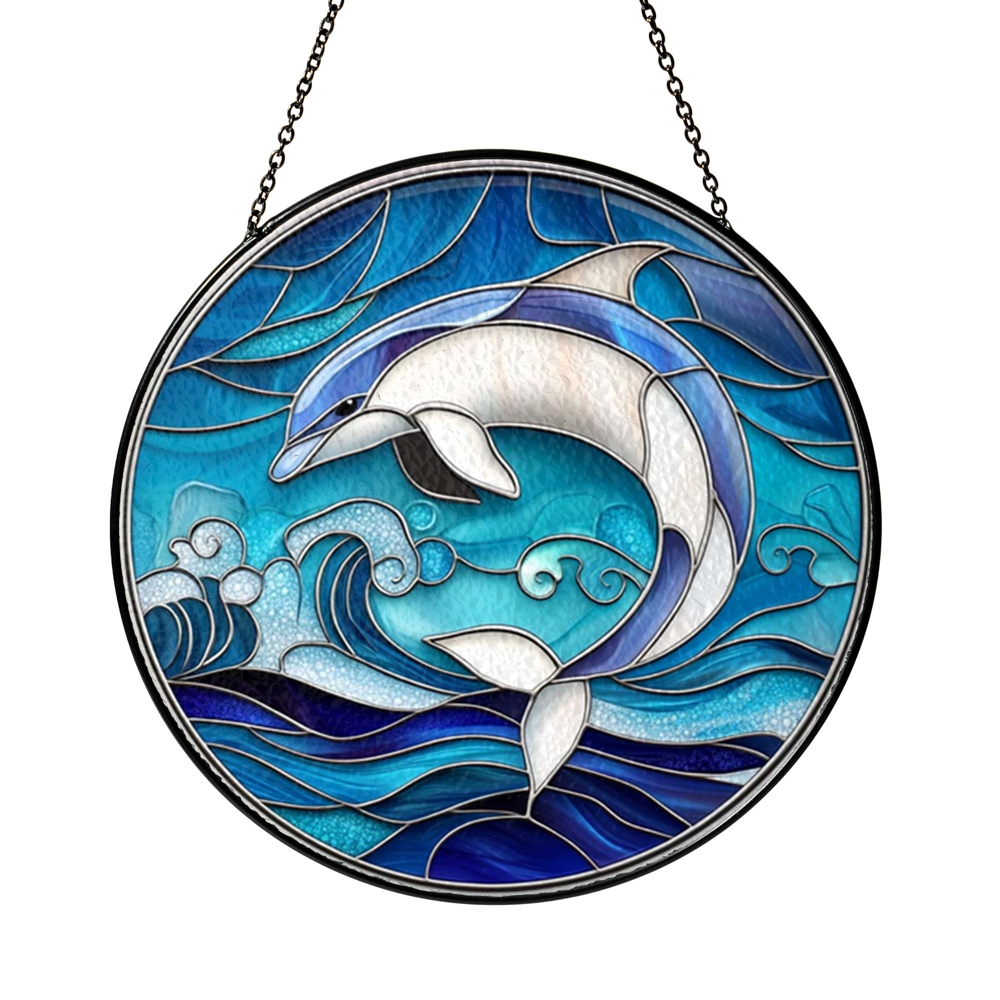 Blue Dolphin Stained Glass Style Suncatcher – Round Ocean Window ...
