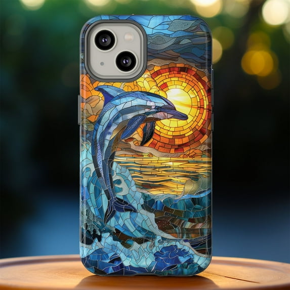 Blue Dolphin Sunset Stained Glass Ocean Scene iPhone Case 17 to 11 Pro ...