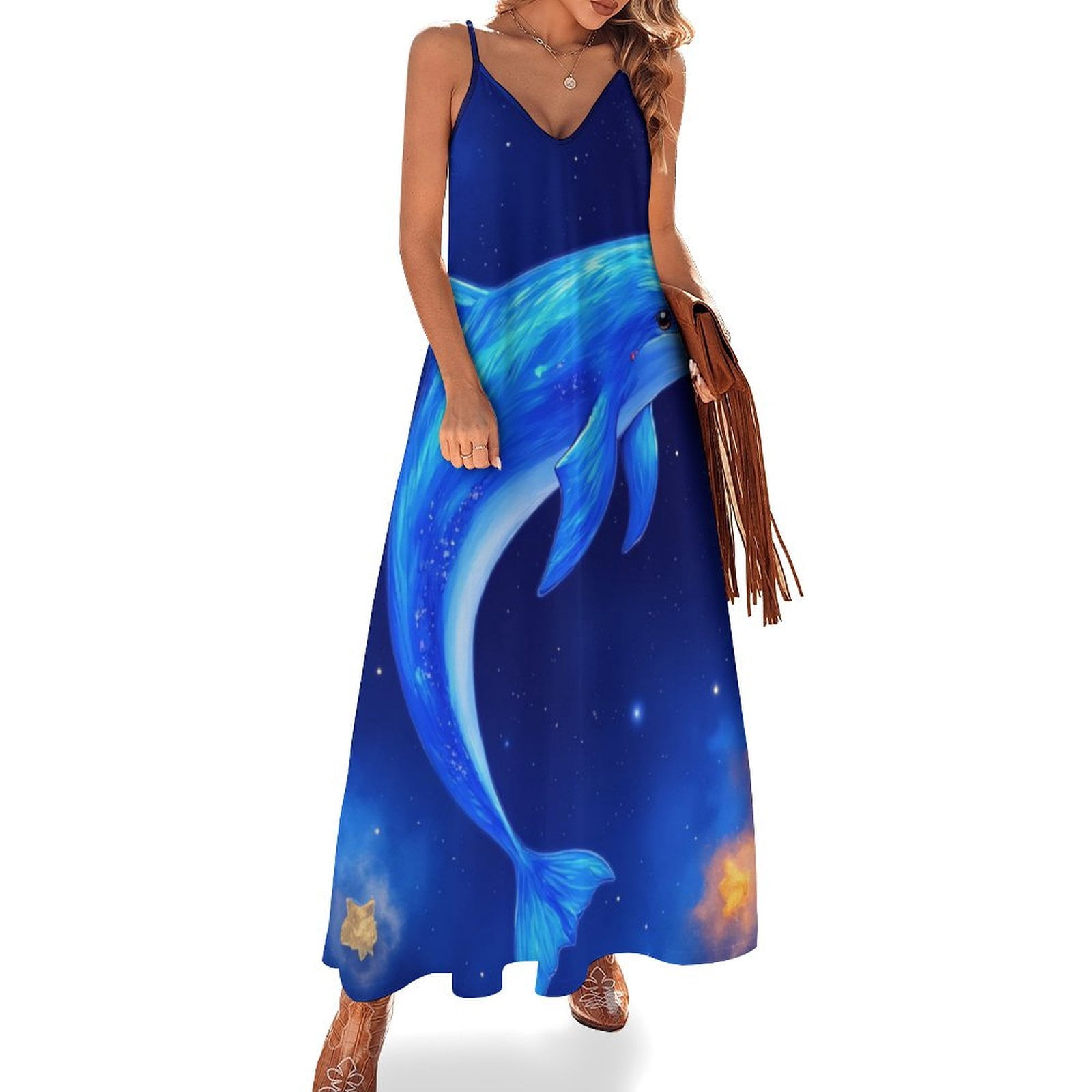 Blue Dolphin in Space Sleeveless Dress Woman Fashion Long Dresses Women ...