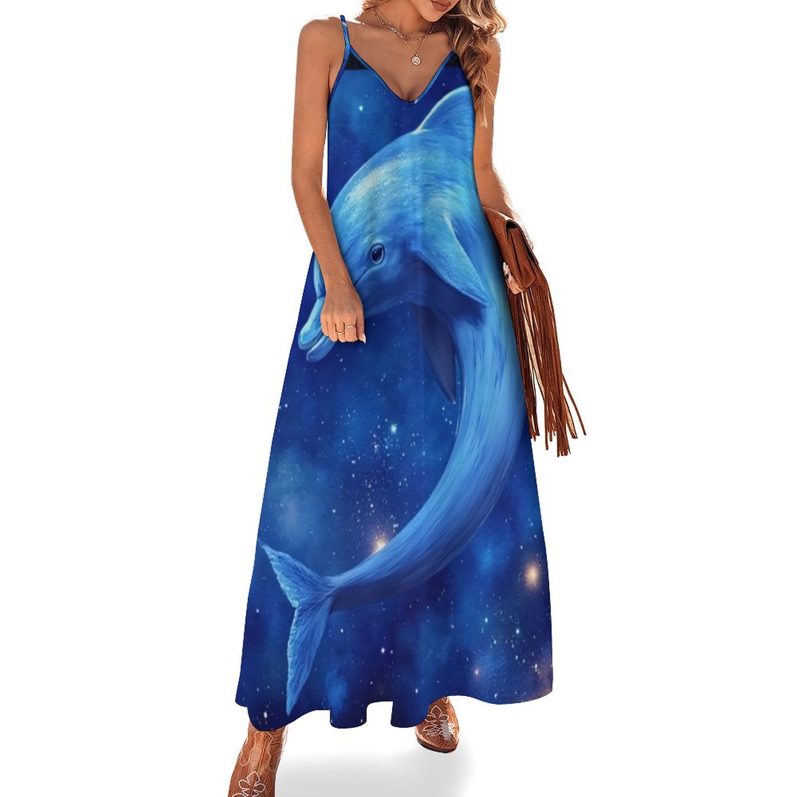 Blue Dolphin in Space Sleeveless Dress Woman Fashion Long Dresses Women ...