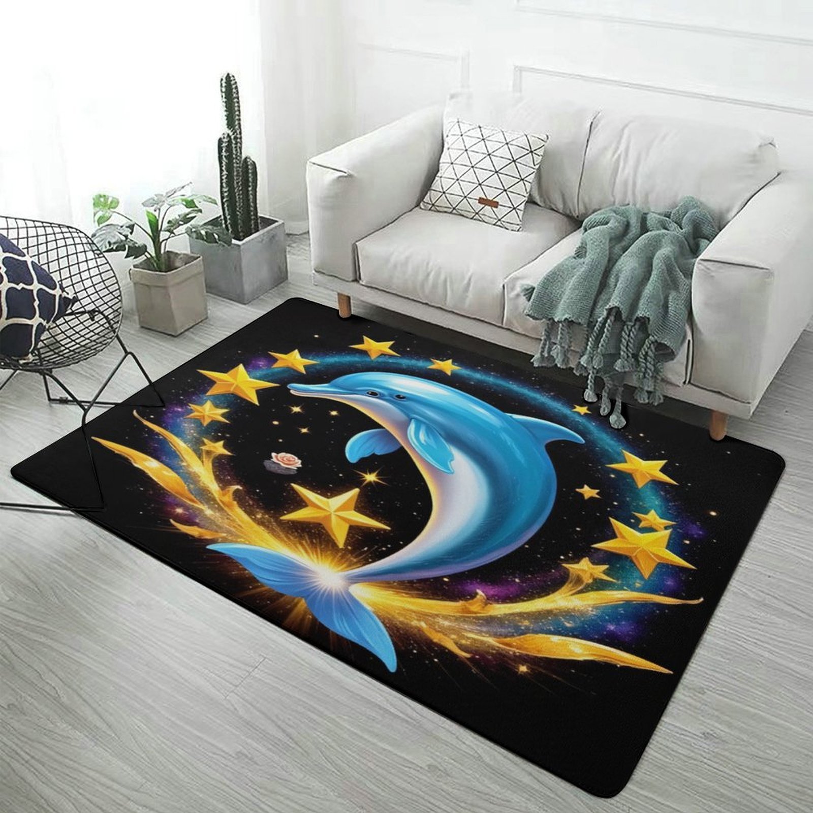 Blue Dolphin with Stars Carpet Style Living Room Bedroom Rug Modern 3d ...