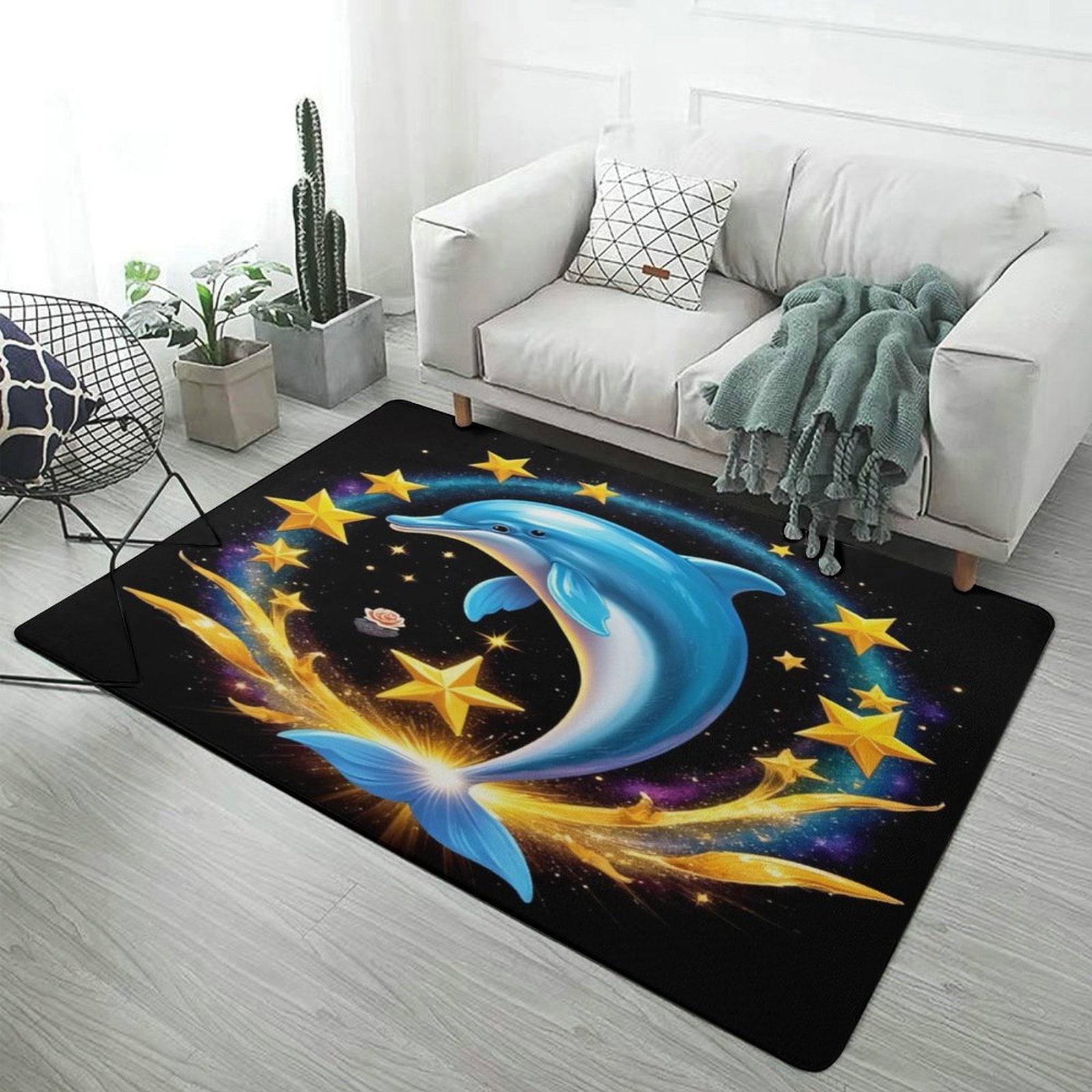 Blue Dolphin with Stars Carpet Style Living Room Bedroom Rug Soft ...