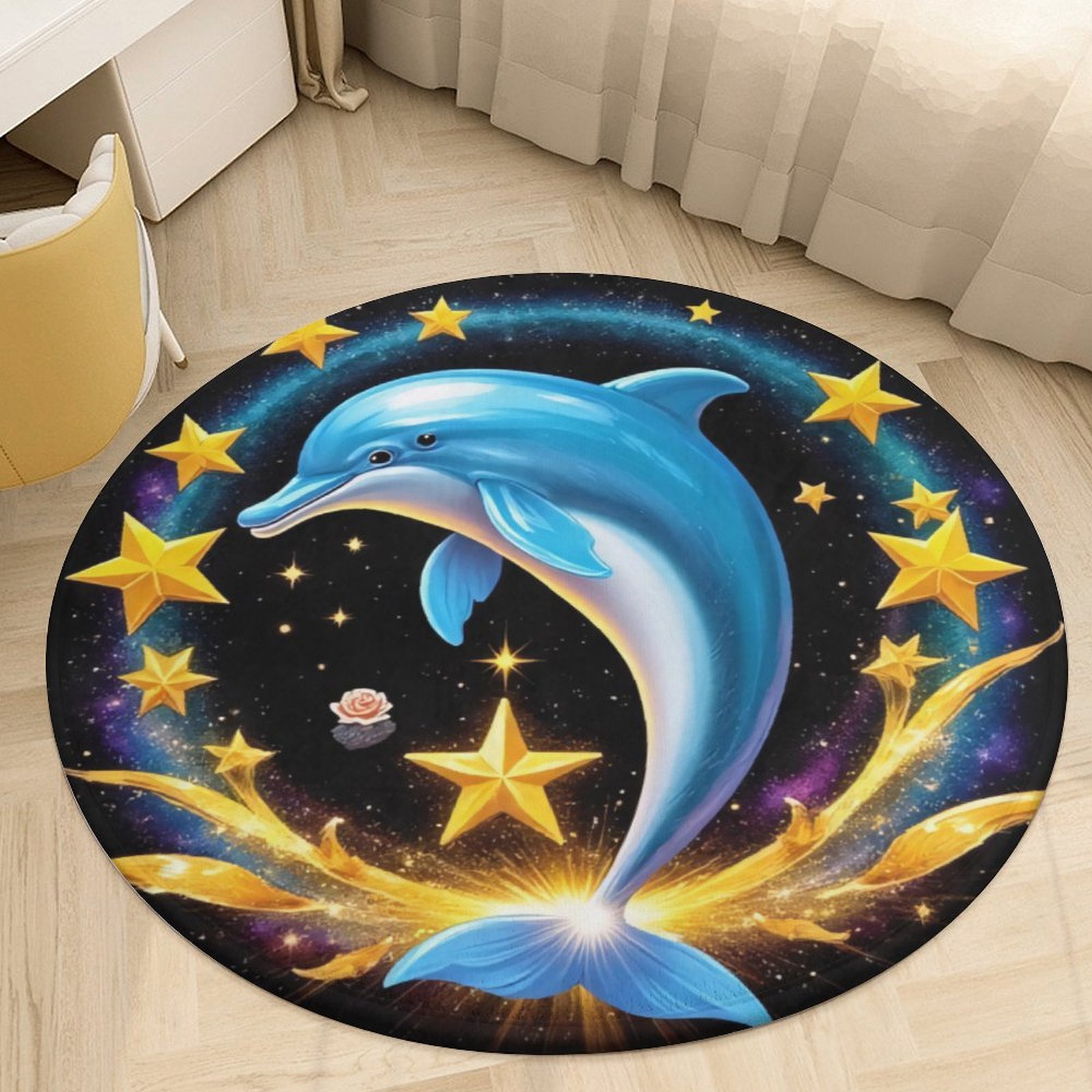 Blue Dolphin with Stars Round Area Rugs for Bedroom Living Room, 4FT ...
