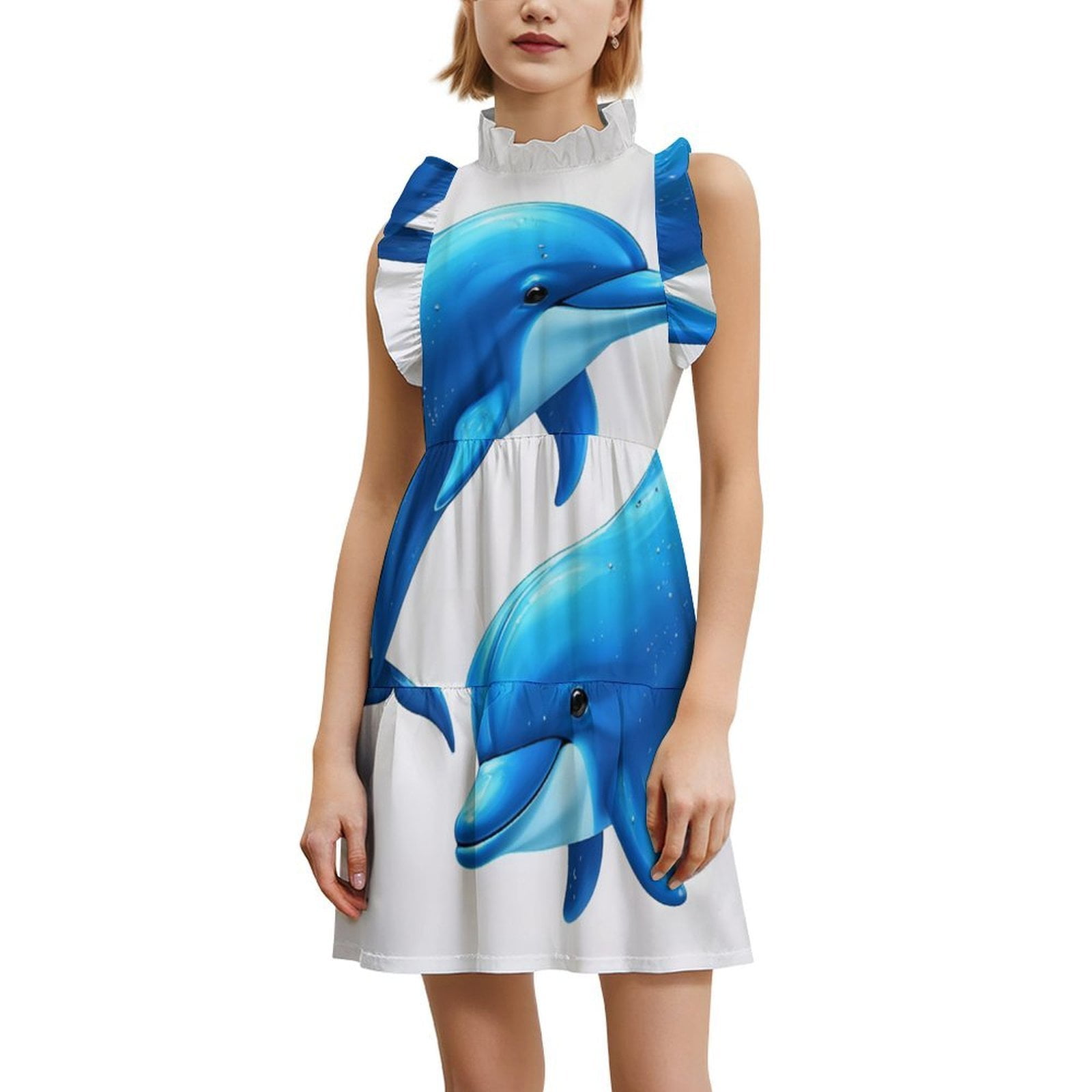 Blue Dolphins Pattern Women's Fashion Casual Dress Summer Stand Up ...