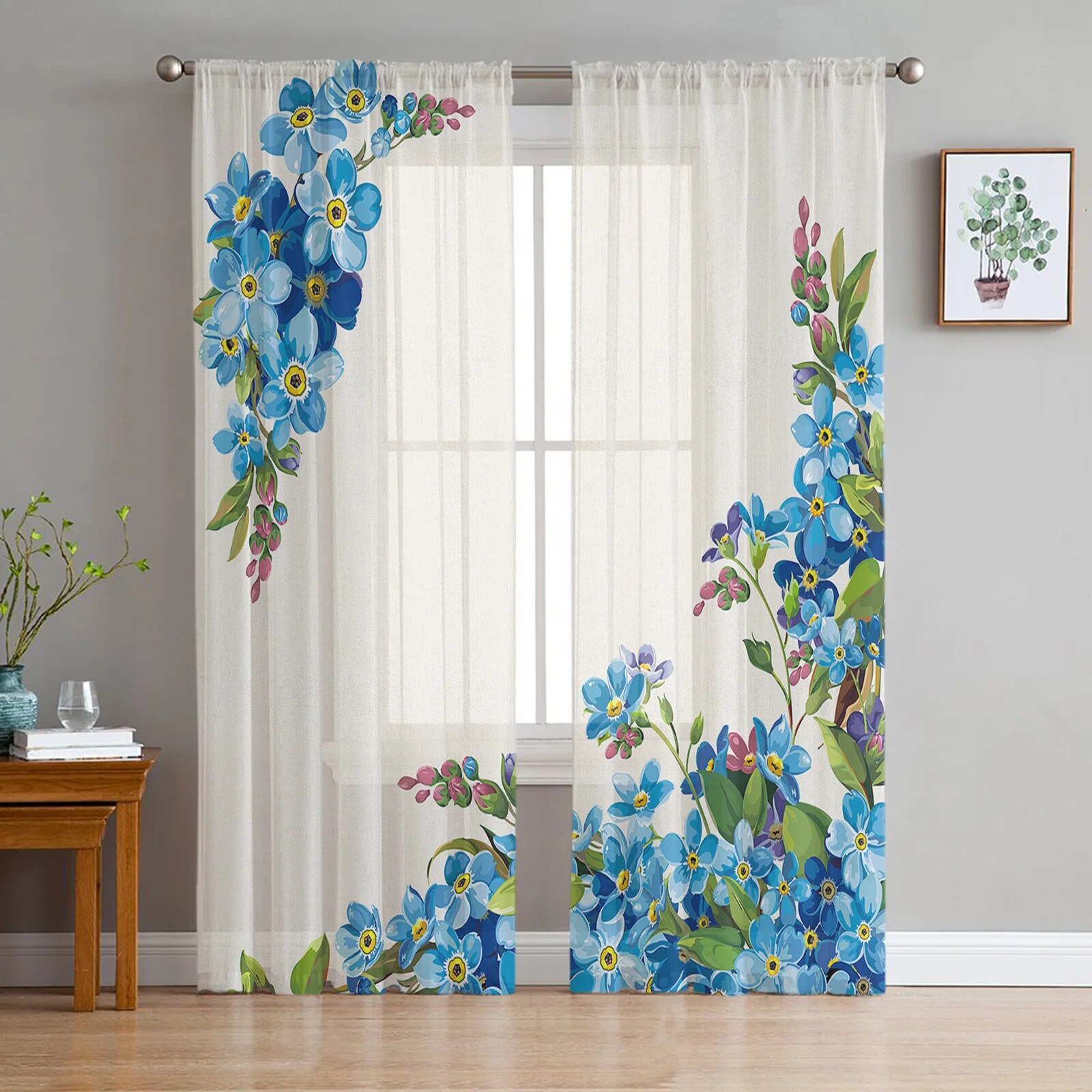 Blue Don'T Forget Me Watercolor Flowers Sheer Curtain Living Room ...