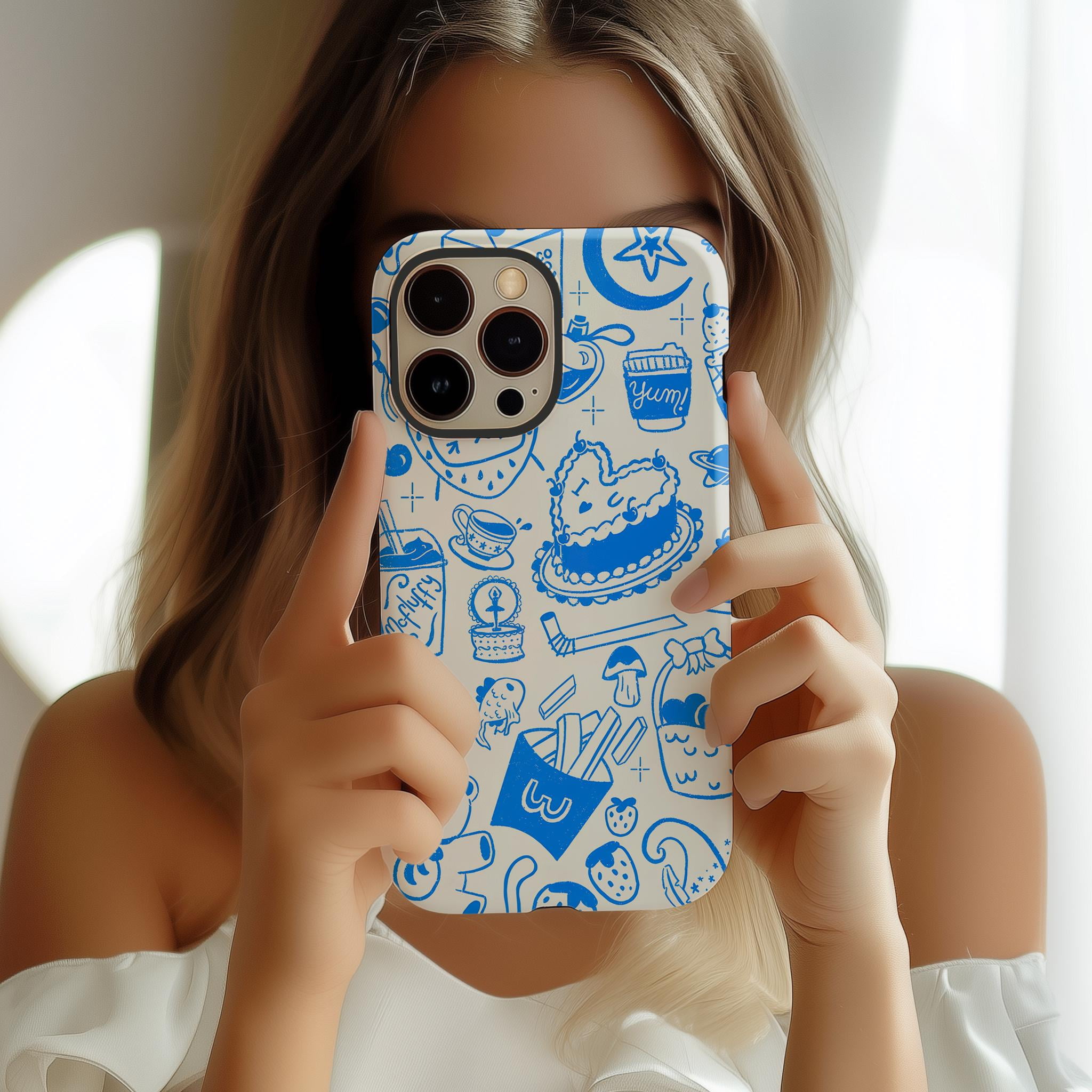 Blue Doodle Foodie Cute Art Collage Phone Case for iPhone 17 to 11 Pro ...