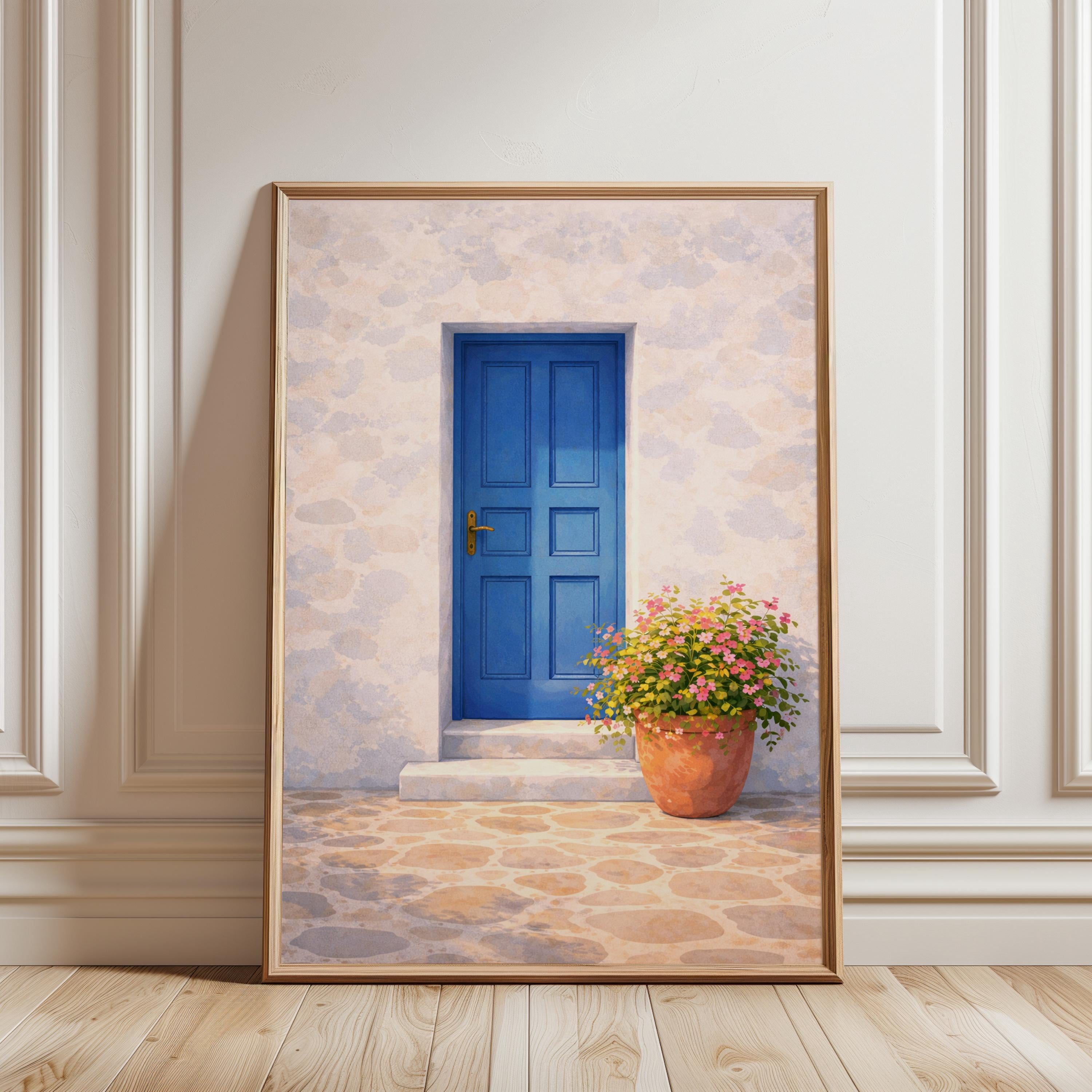 Blue Door Mediterranean Wall Art, Greek Coastal Print, Flowers Minimal ...