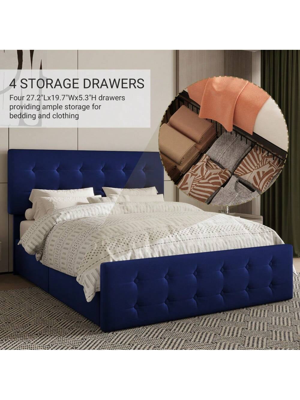 Blue Double Bed Upholstered Full Size Bed Frame, Platform Bed Frame ...