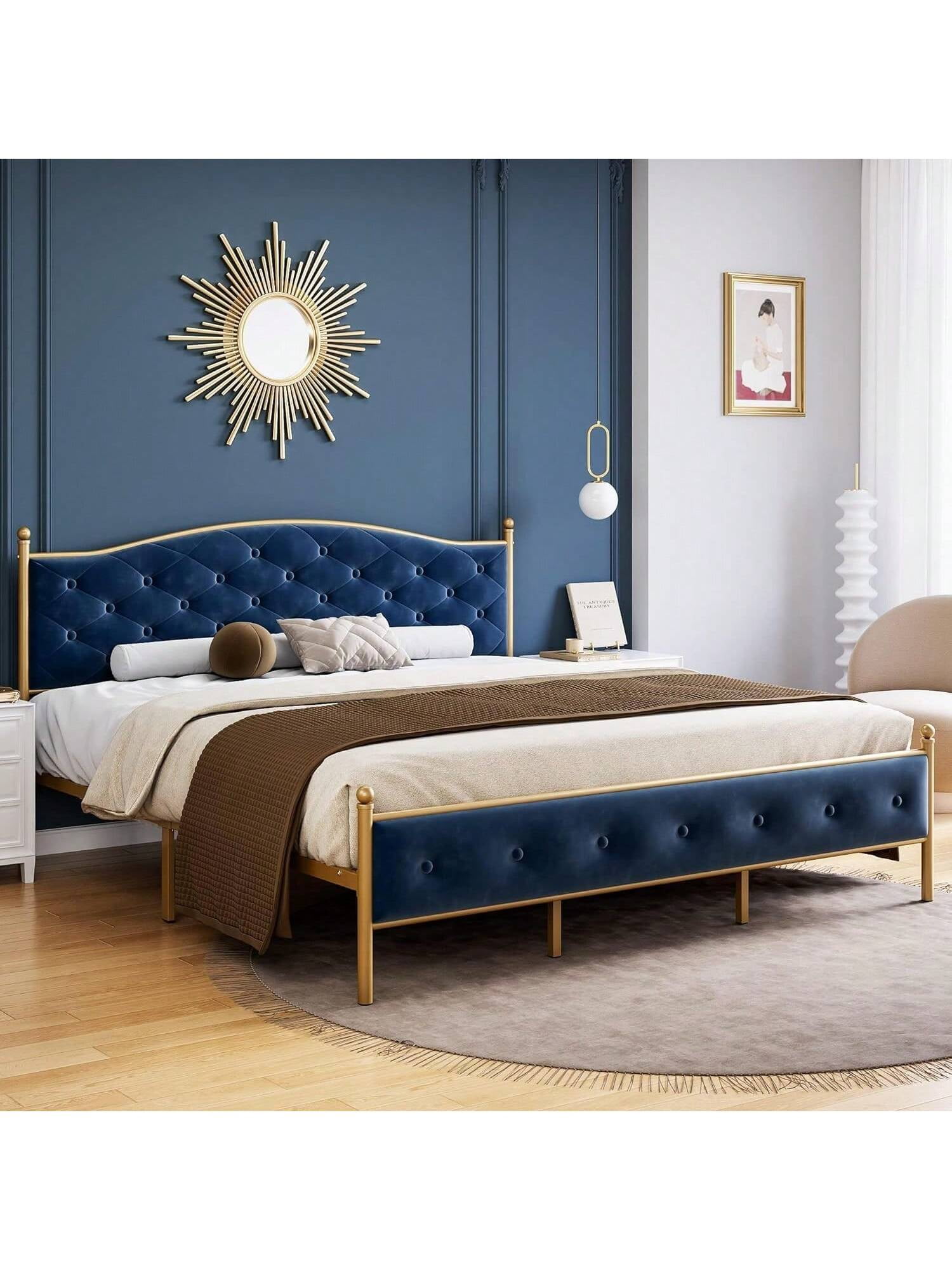 Blue Double bed Bed Frame With Solid Wooden Slats Support, Velvet ...