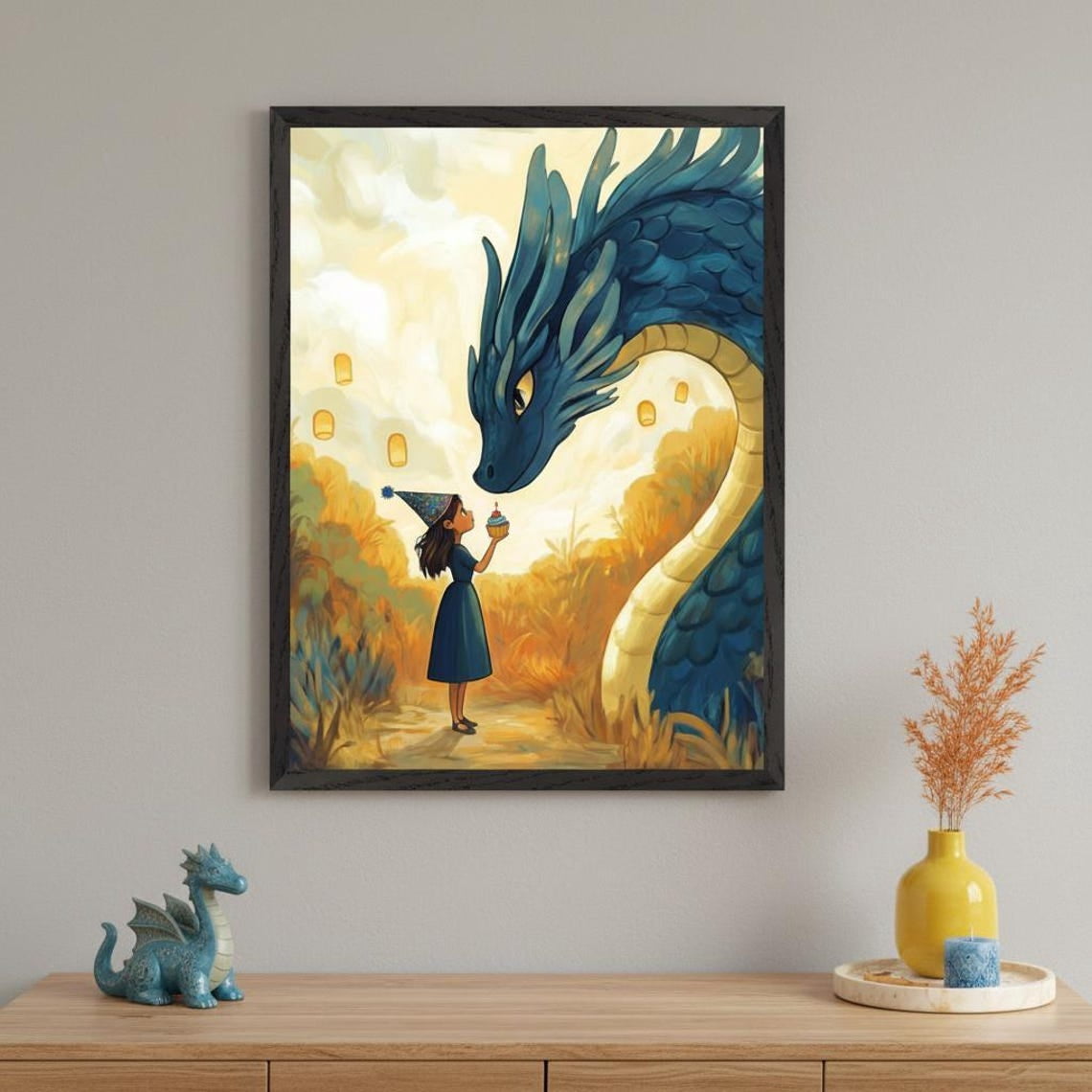 Blue Dragon And Girl Art Whimsical Nursery Fantasy Storybook Unframed ...
