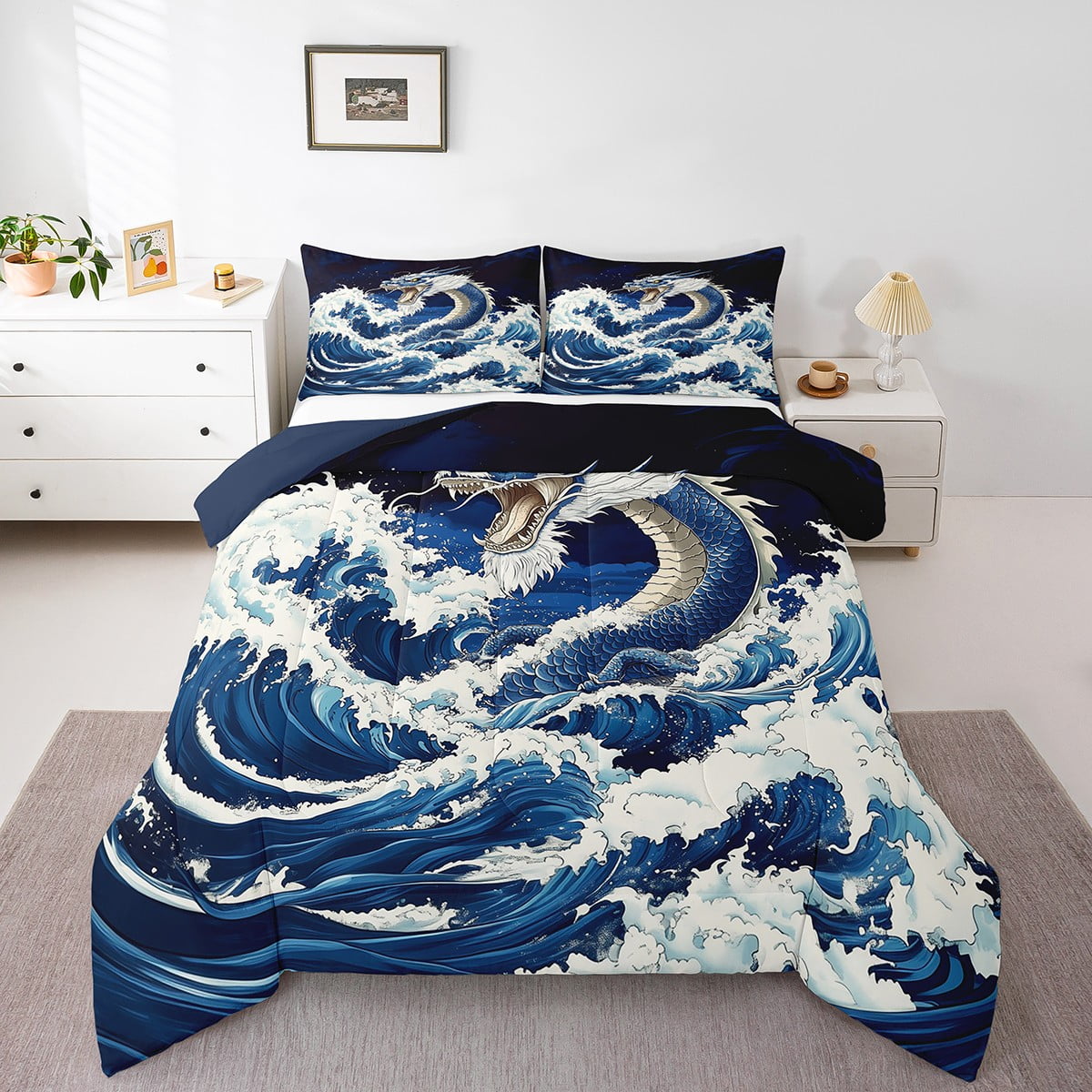 Blue Dragon Bedding Set,Magical Animal Down Comforter,Japanese Ocean ...