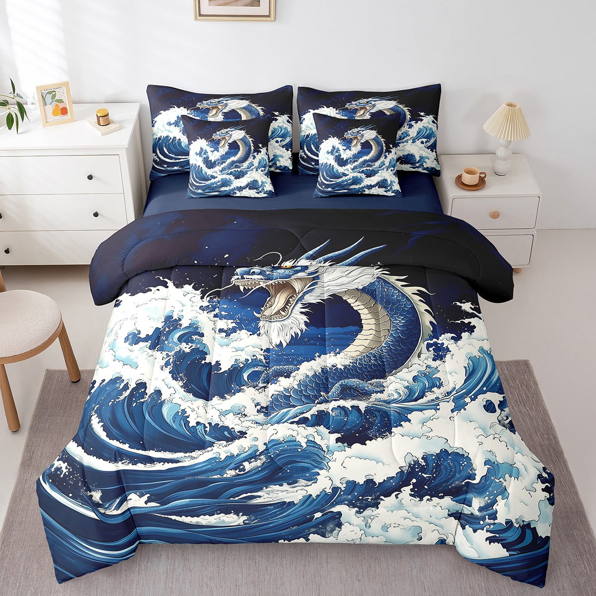 Blue Dragon Bedding Set,Magical Animal Queen Comforter Set,Japanese ...