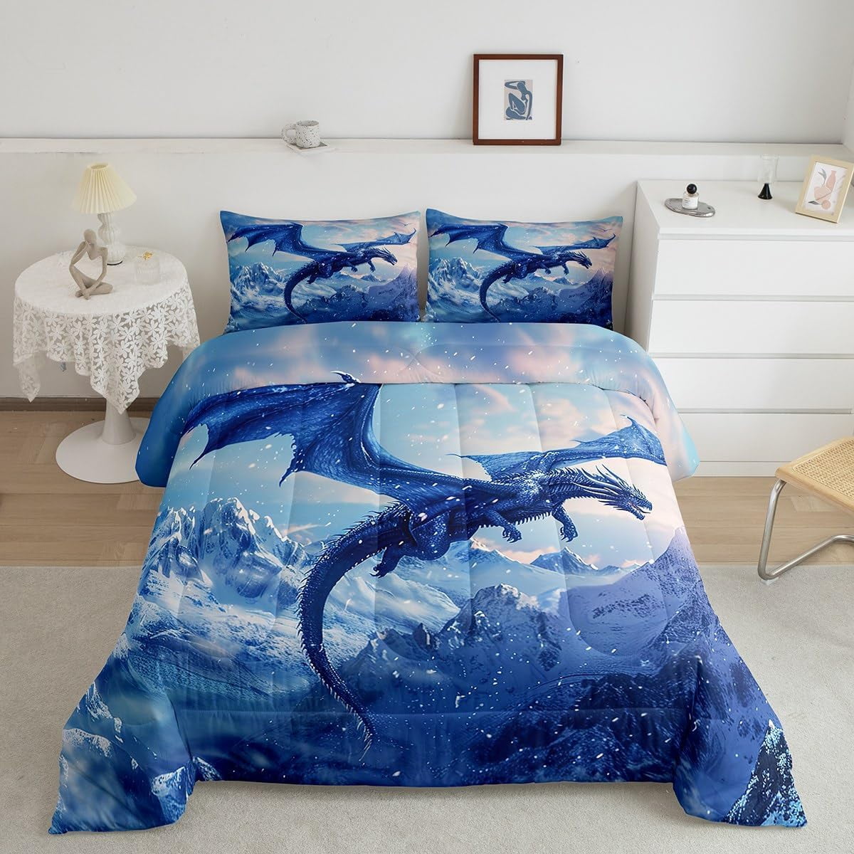 Blue Dragon Comforter Set Queen Size,Snow Mountain Bedding Set for Kids ...