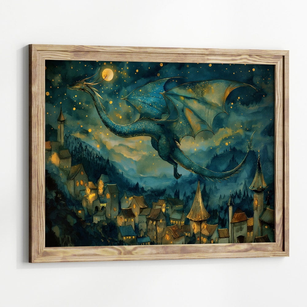 Blue Dragon Fantasy Art Print Magical Night Sky Wall Art Enchanted ...