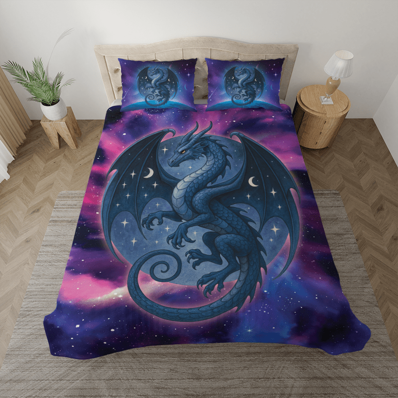 Blue Dragon Galaxy Bedding Set – Fantasy Moon and Stars Duvet Cover ...