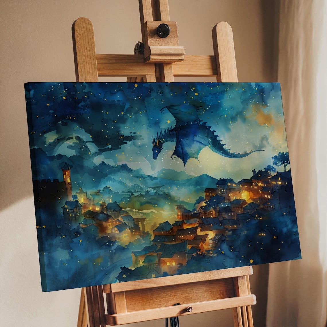 Blue Dragon Print Fantasy Night Sky Wall Art, Mystical Village Dragon ...