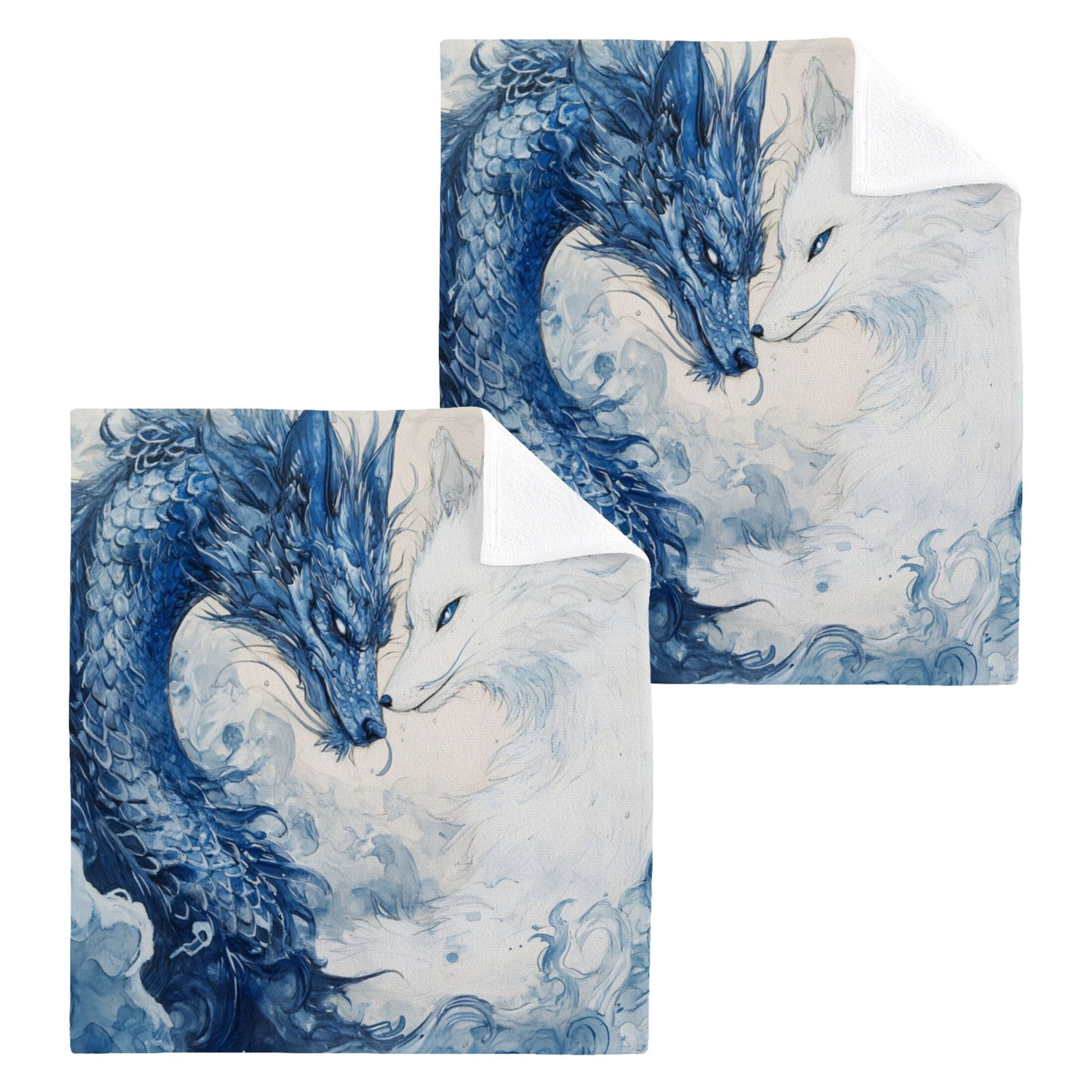 Blue Dragon and White Fox 100% Cotton Face Towel 12x12in Soft Absorbent ...