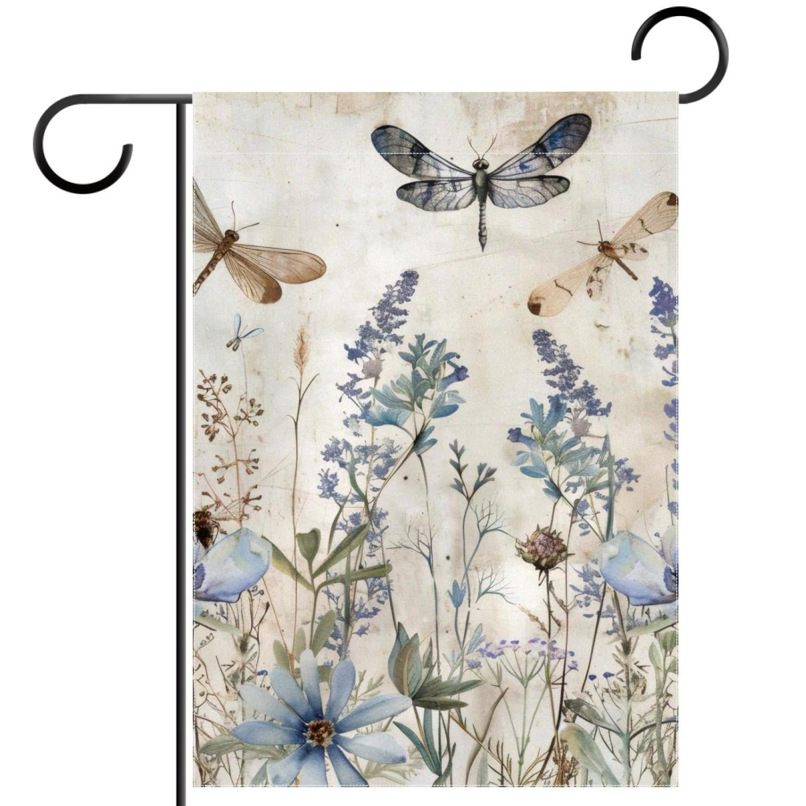 Blue Dragonflies and Butterflies Floral Herbs Double Sided Garden Flag ...