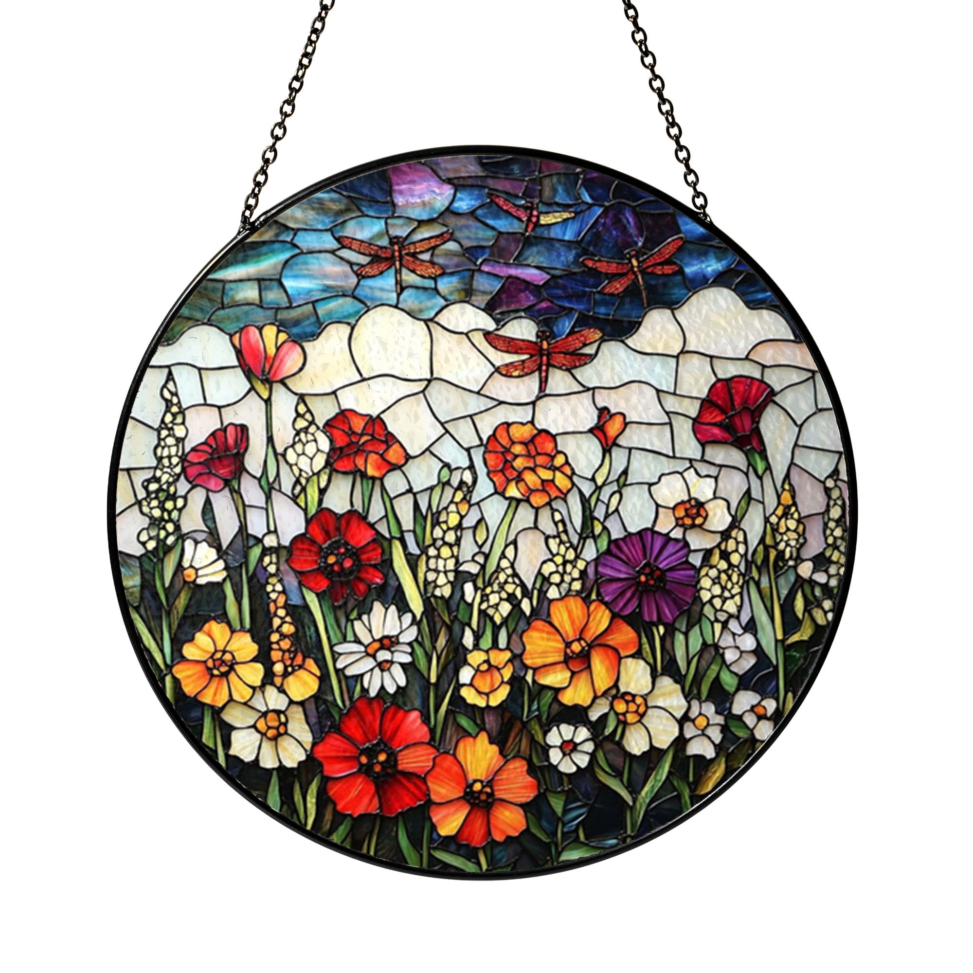 Blue Dragonflies and Wildflowers Stained Glass Suncatcher Window ...