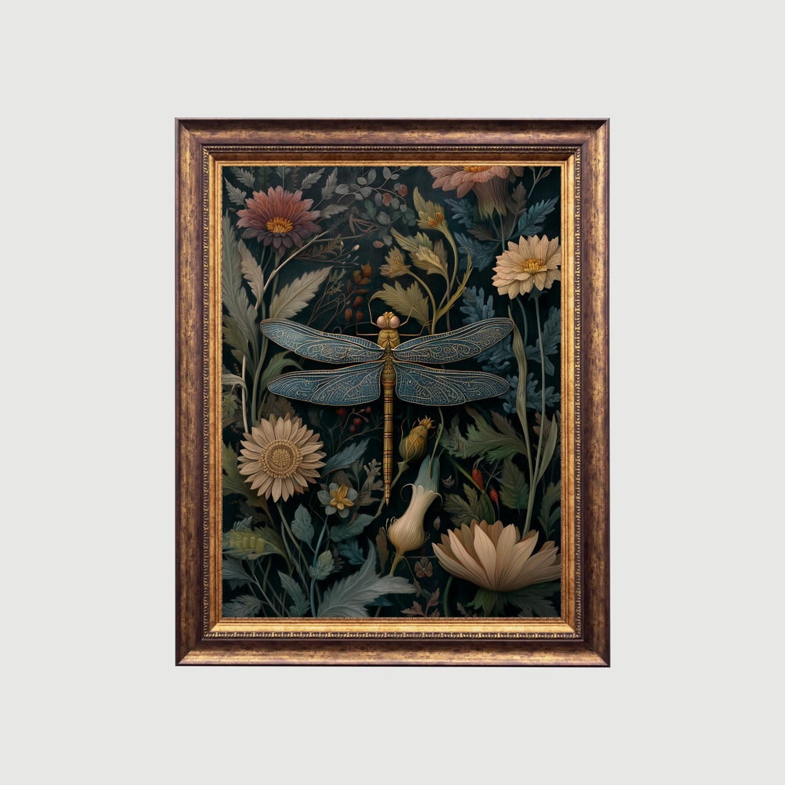 Blue Dragonfly Dark Flower Garden, Moody Moth Print, Dragonfly ...