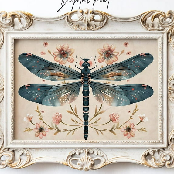Blue Dragonfly On A Flower Boho Print, Seascape Print, Dragonfly Insect ...