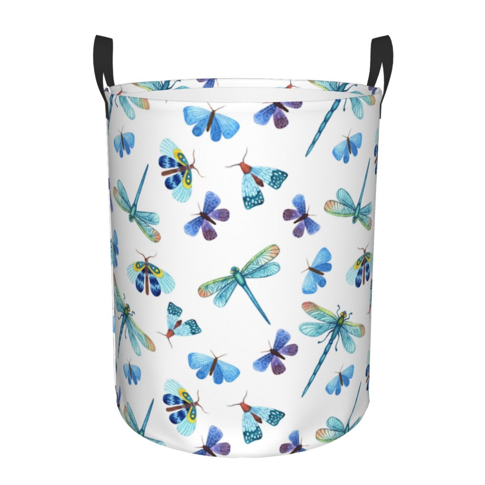Blue Dragonfly Moth Butterfly Round Laundry Basket, Laundry Hamper with ...