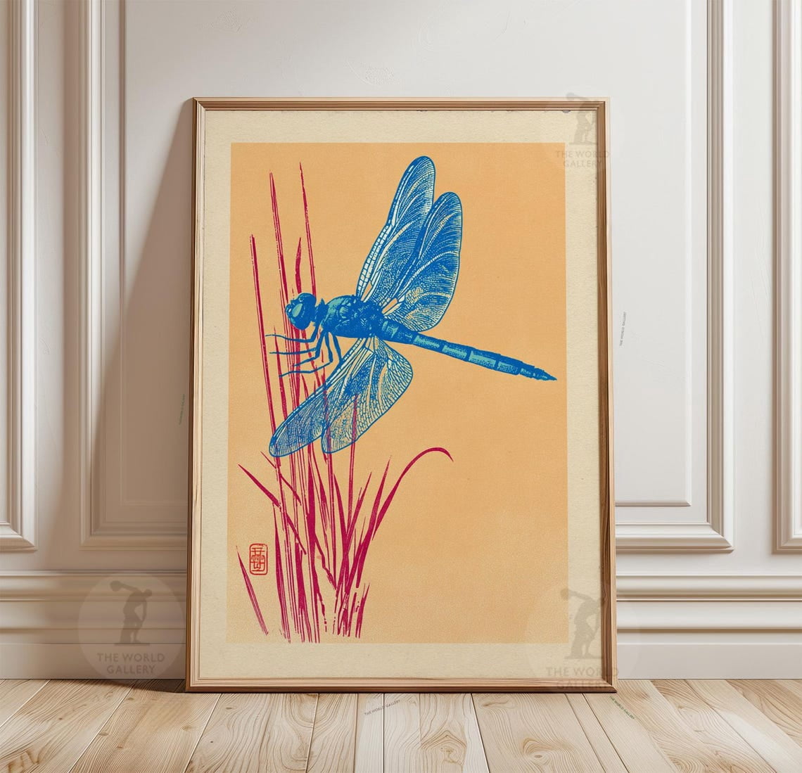 Blue Dragonfly Poster Japanese Insect Wall Art Pink Botanical Decor ...