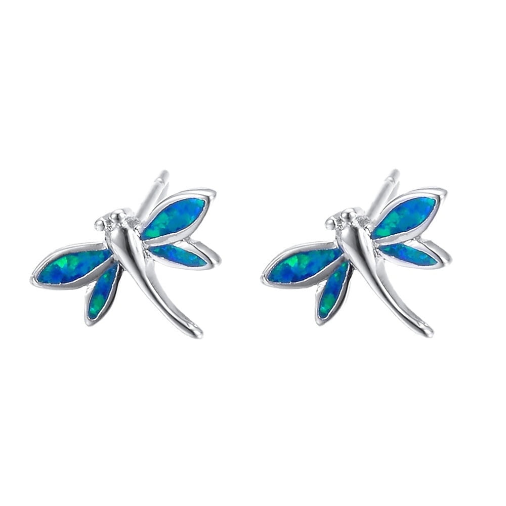 Blue Dragonfly Tiny Stud Earrings 925 Sterling Silver Pin Created Opal Small Cartilage Earring ...
