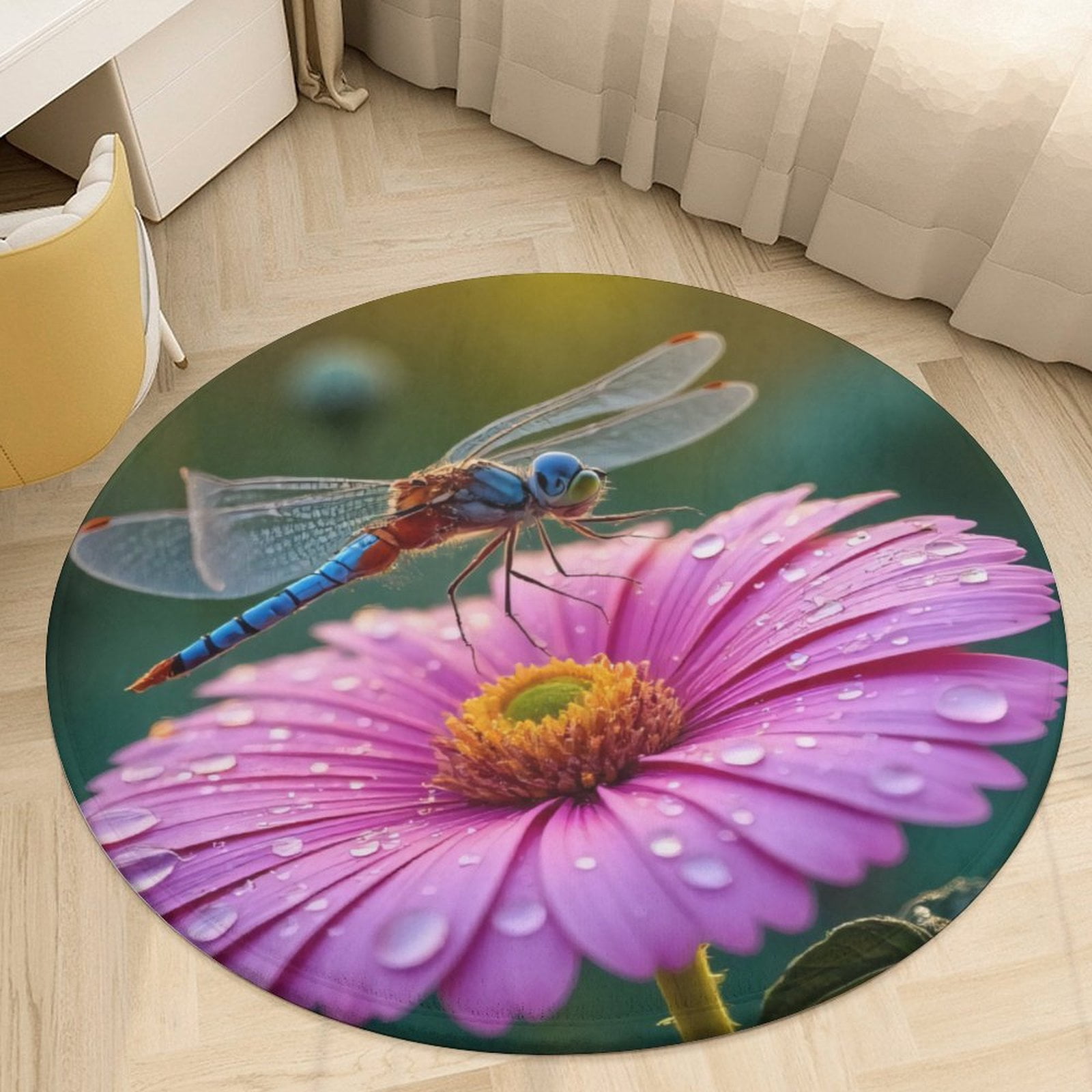 Blue Dragonfly on Pink Flower Round Area Rugs for Bedroom Living Room ...