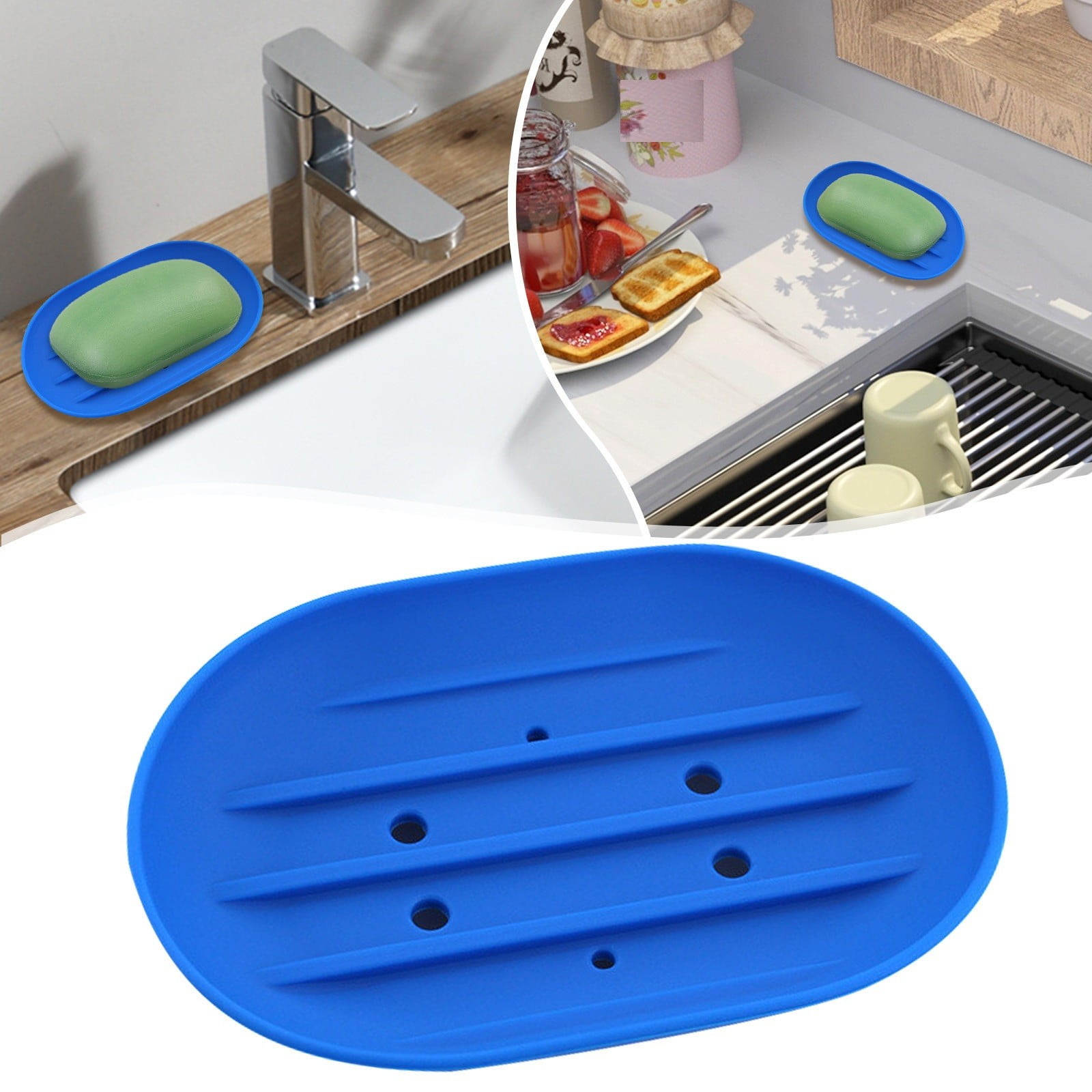 Blue Drain Rack/ Silicone Drip Catching Soap Dish Soap Box Dishcloth ...