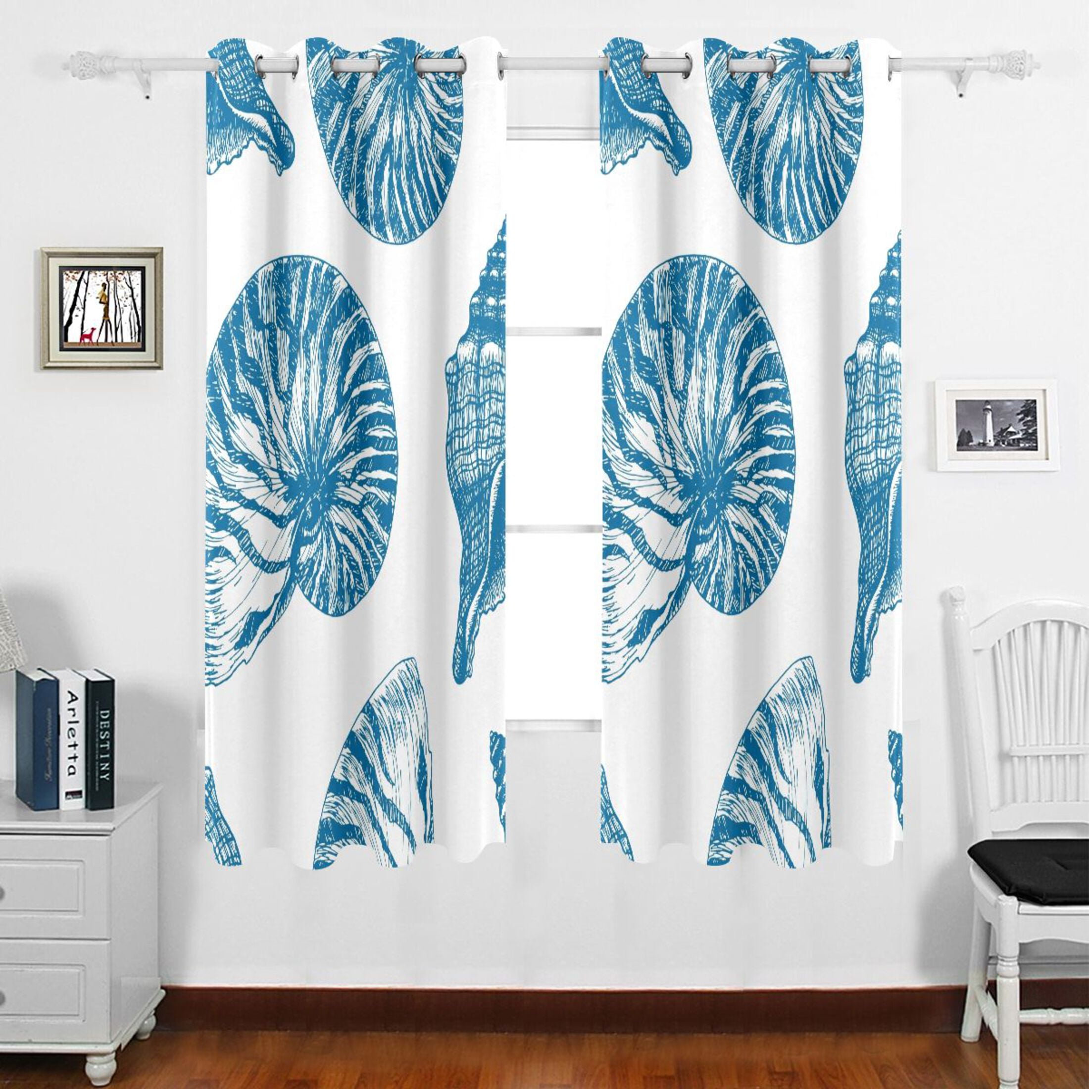 Blue Drawing Seashell Grommet Blackout Curtains Thermal Insulated ...