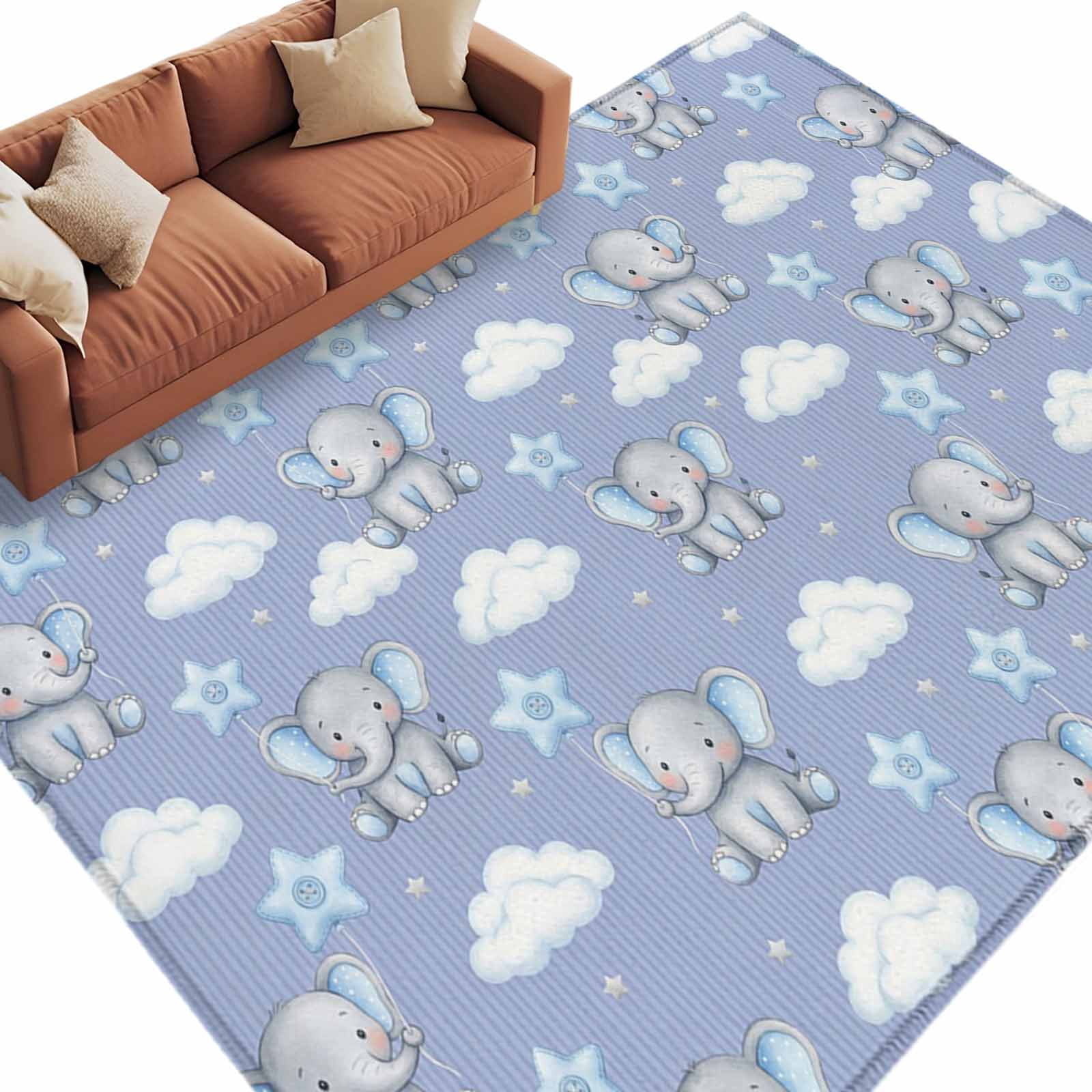 Blue Dreamy Elephant Area Rug 5x8 Washable Rug Non Slip Cartoon Animals ...