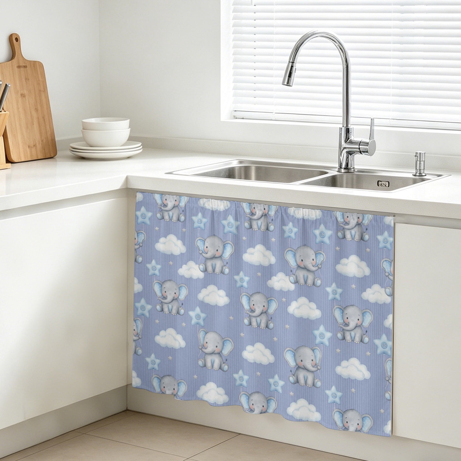 Blue Dreamy Elephant Cabinet Curtains for Kitchen 28"W x 35"L, Cartoon ...