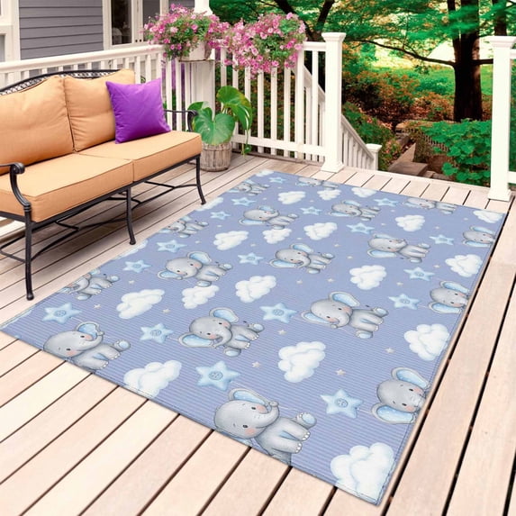 Blue Dreamy Elephant Outdoor Rug for Patio/Deck/Porch, Non-Slip Large ...