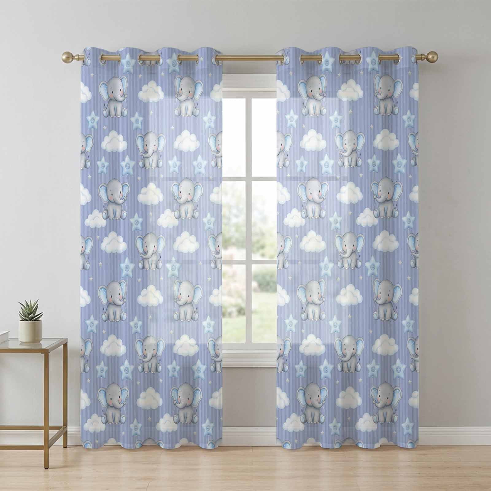 Blue Dreamy Elephant Sheer Curtains 90 Inch Long 2 Panels, Cartoon ...