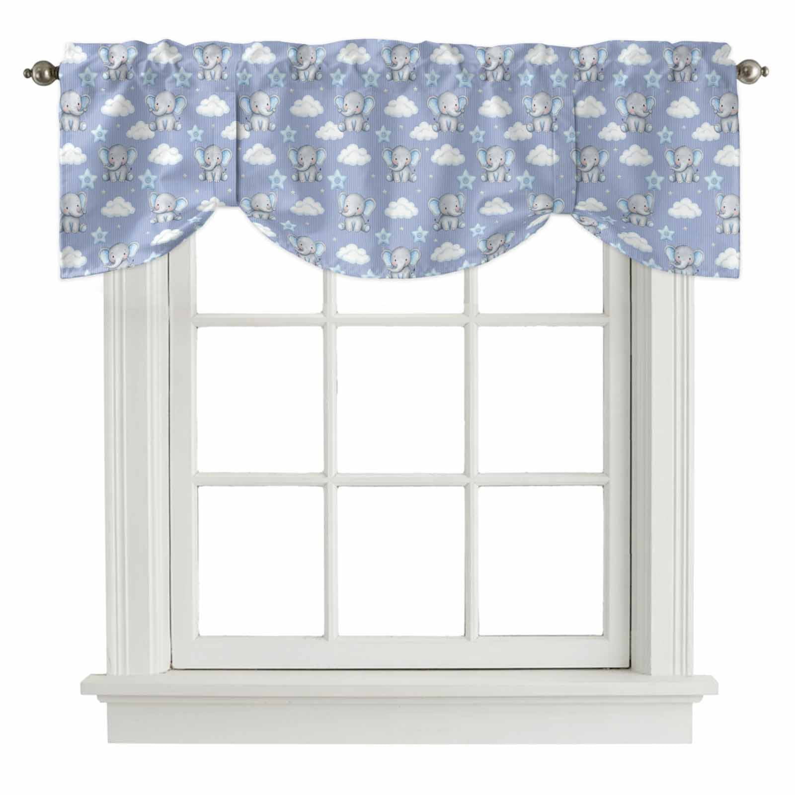 Blue Dreamy Elephant Tie Up Valance Curtains Cartoon Animal Cloud Stars ...