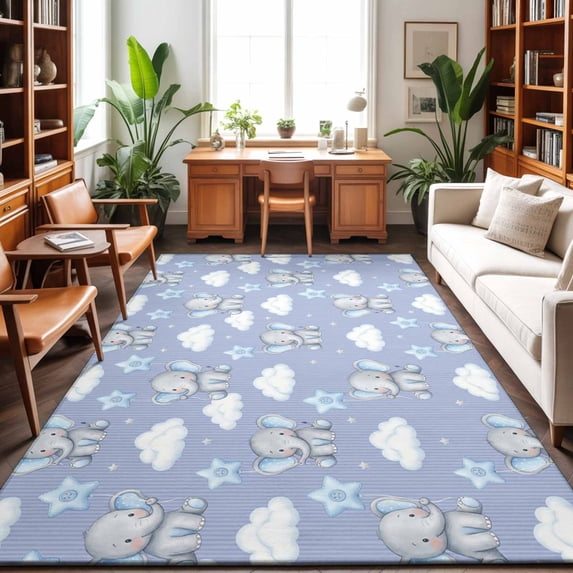 Blue Dreamy Elephant Washable Area Rug 2.7 x 5 ft Cartoon Animal Cloud ...