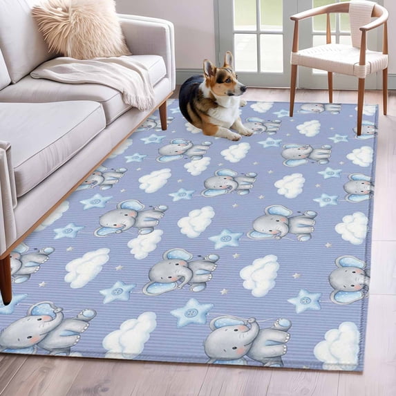 Blue Dreamy Elephant Washable Area Rug 3x5 Cartoon Animal Cloud Stars ...