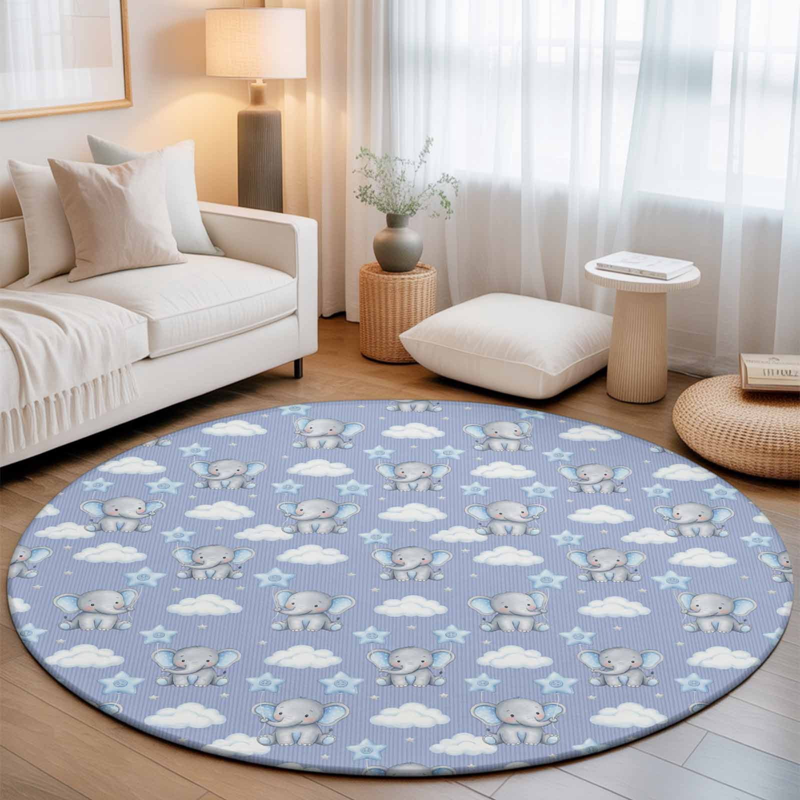 Blue Dreamy Elephant Washable Round Area Rug 3 ft, Cartoon Animal Cloud ...