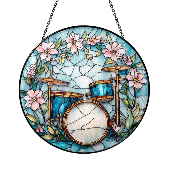 Blue Drum Set Stained Glass Suncatcher, Round Music Window Panel with ...