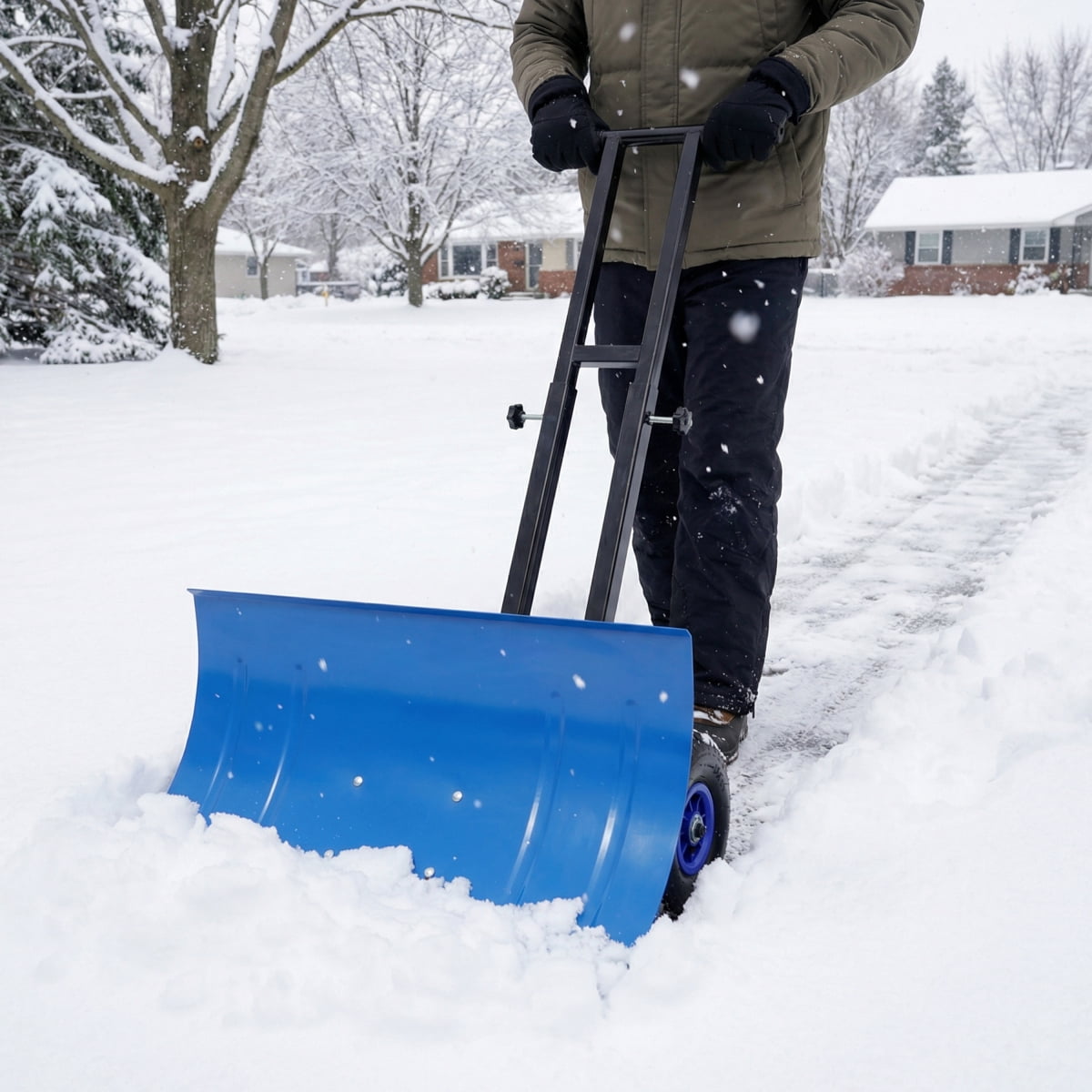Blue Dual Bar Snow Shovel with Wheels 29" Wide Blade 10" Anti Skid ...