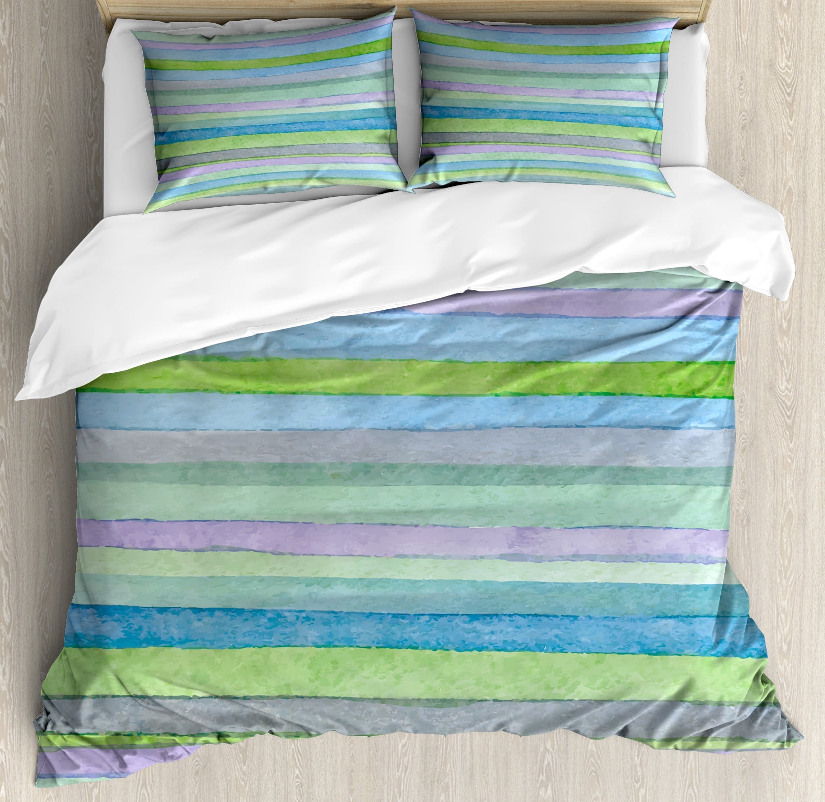 Blue Duvet Cover Set, Hand Drawn Style Watercolor Striped Pattern Soft ...