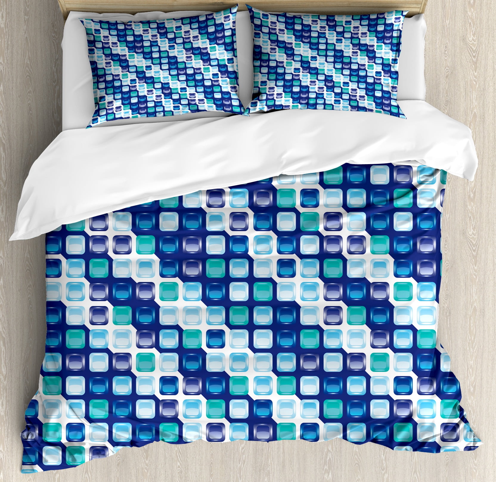 Blue Duvet Cover Set, Retro Style Vintage Modern Design with Mosaics ...