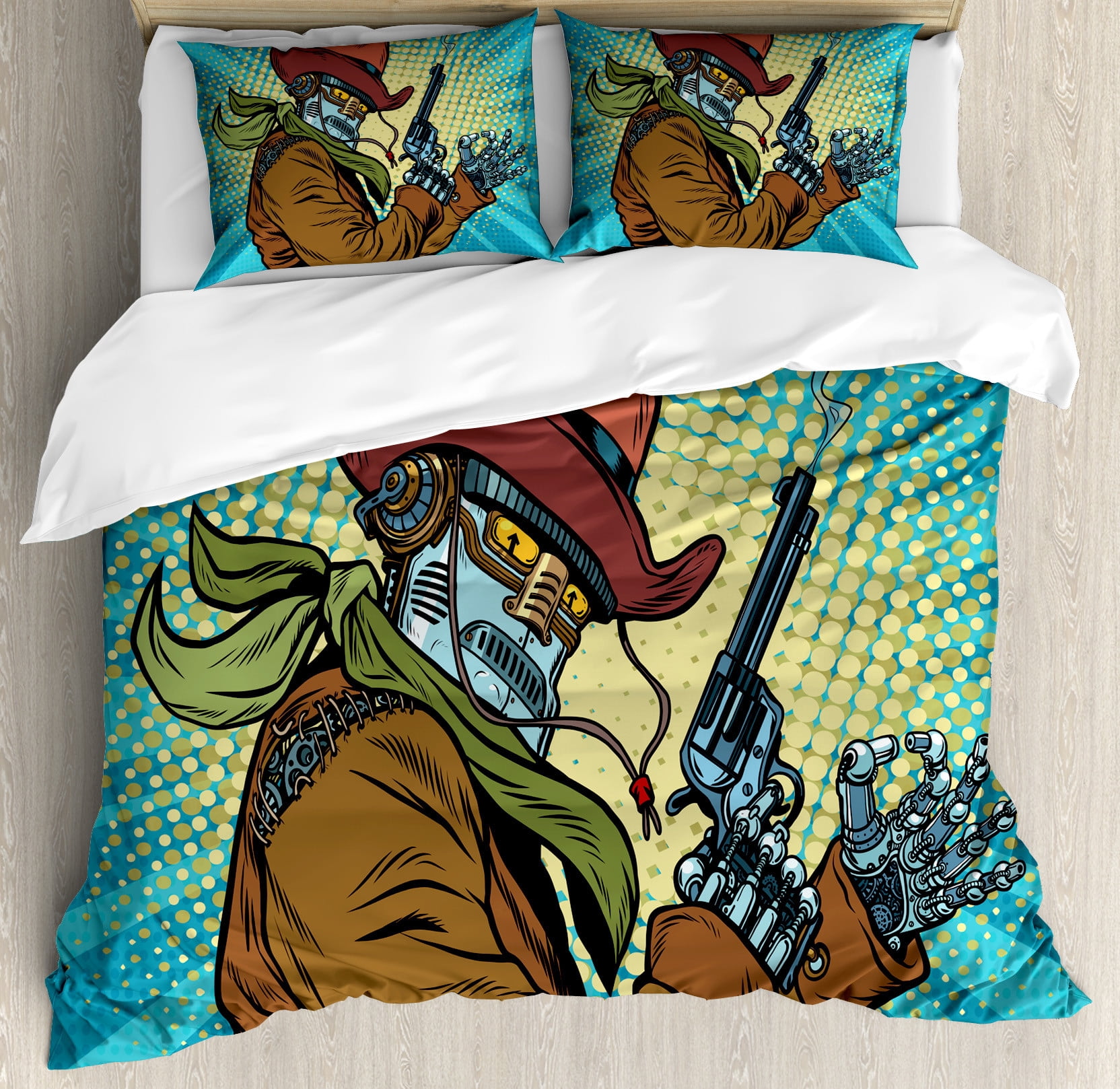 Blue Duvet Cover Set, Steampunk and Western Style Robot Cowboy Makes OK ...
