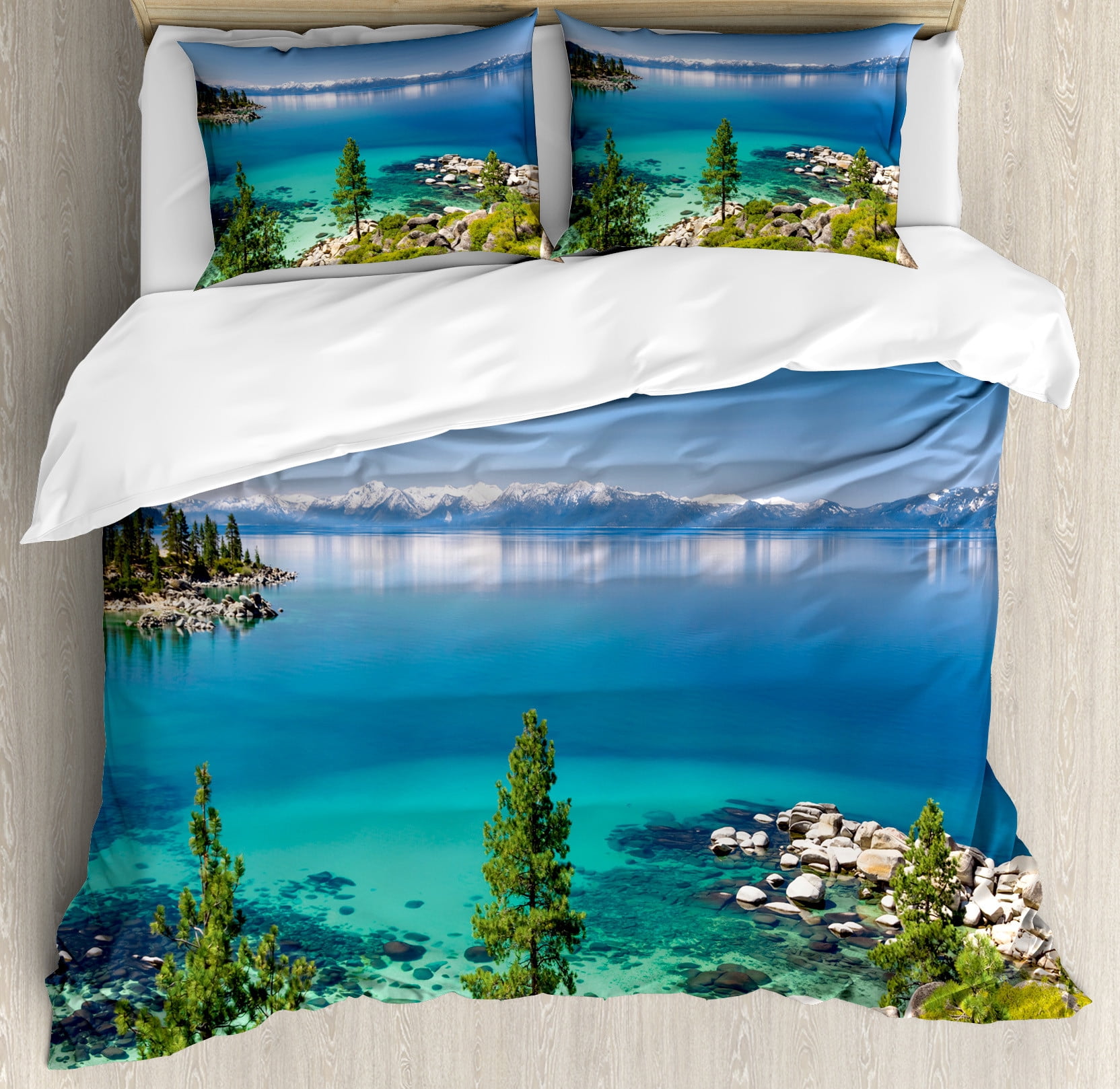 Blue Duvet Cover Set, Tranquil View of Lake Tahoe Sierra Pines on Rocks ...