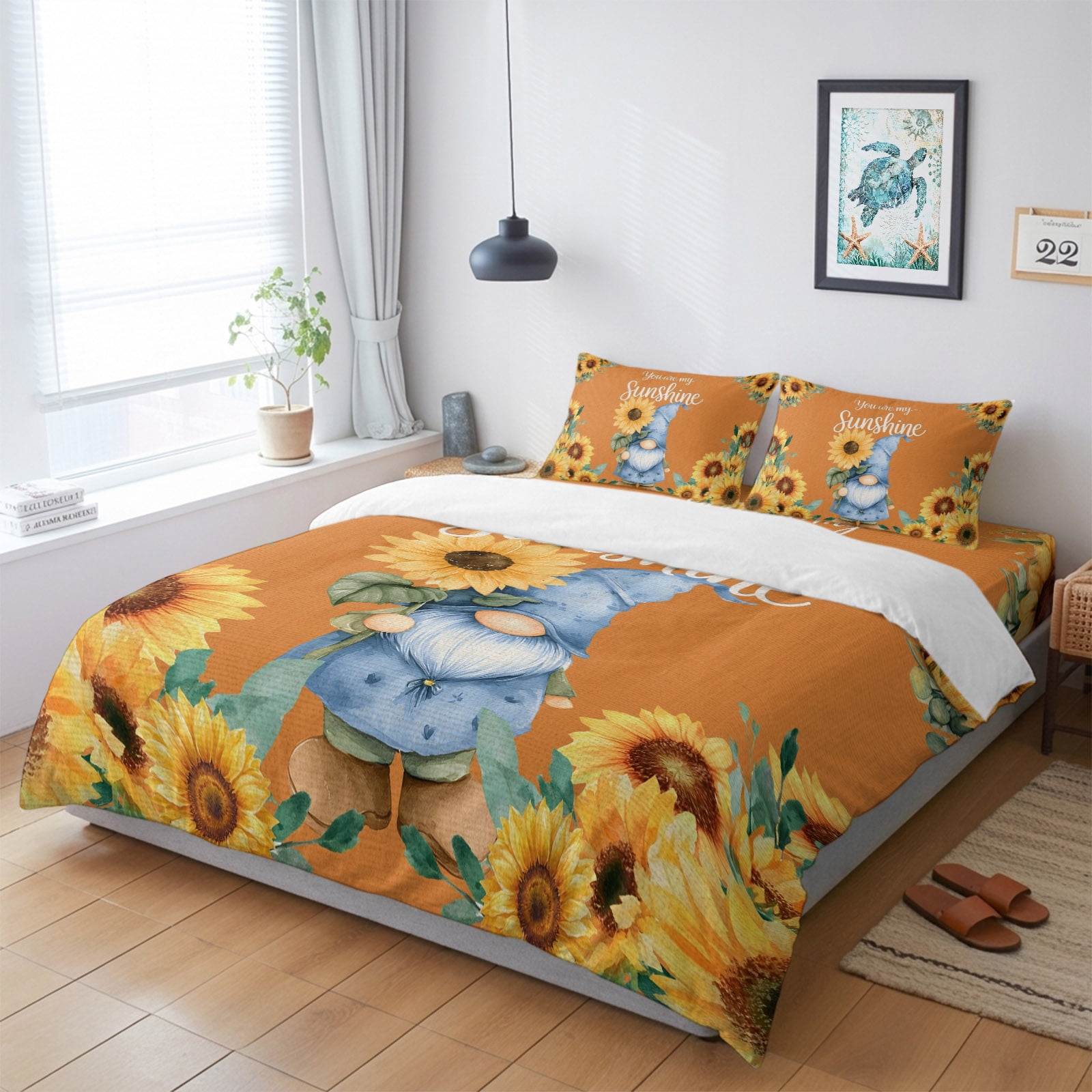 Blue Dwarf Sunflowers on Orange King Size Bed Set,Vintage Flower Leaves ...