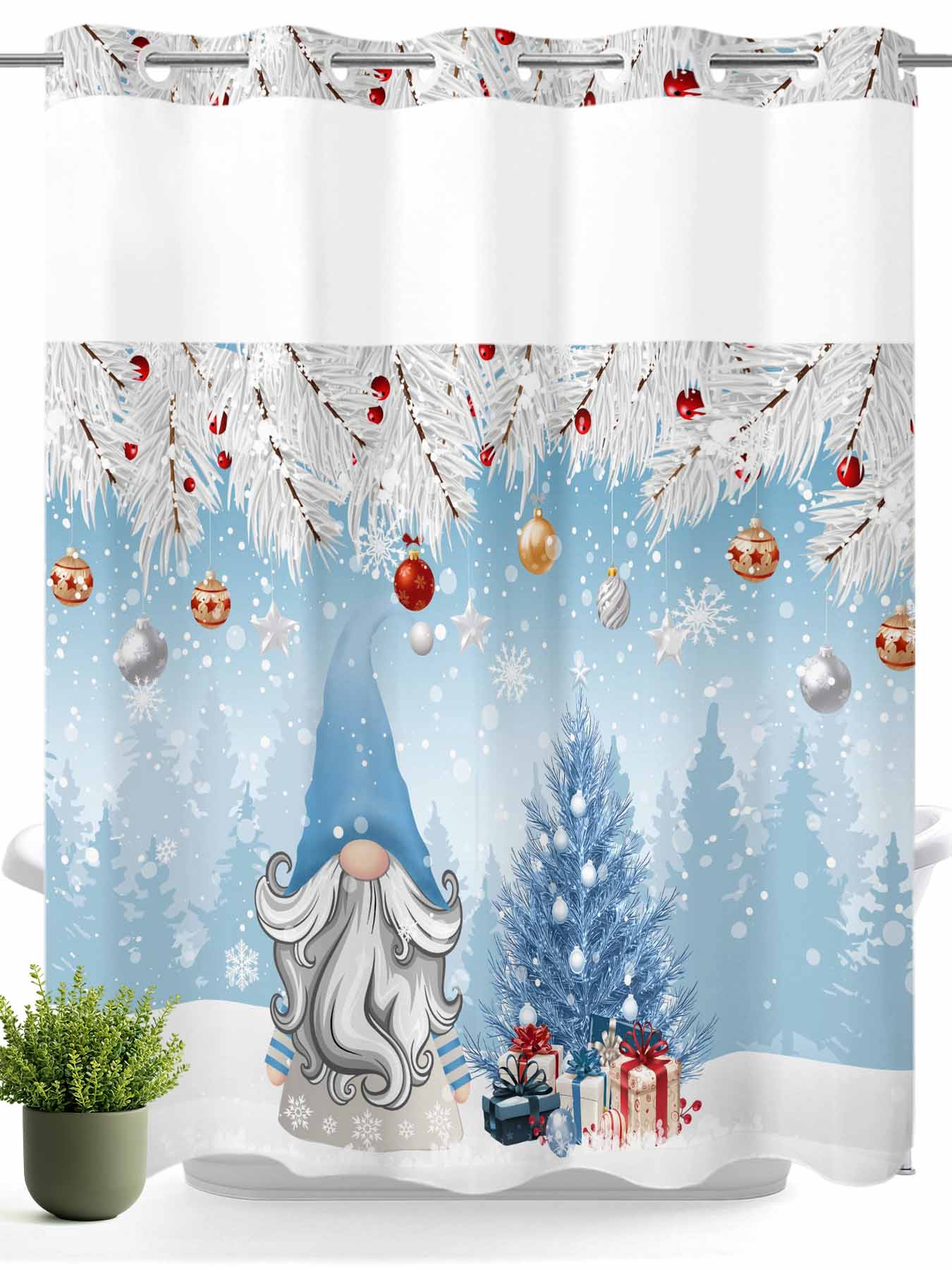 Blue Dwarfs Christmas Tree No Hooks Shower Curtain with Snap in Fabric ...